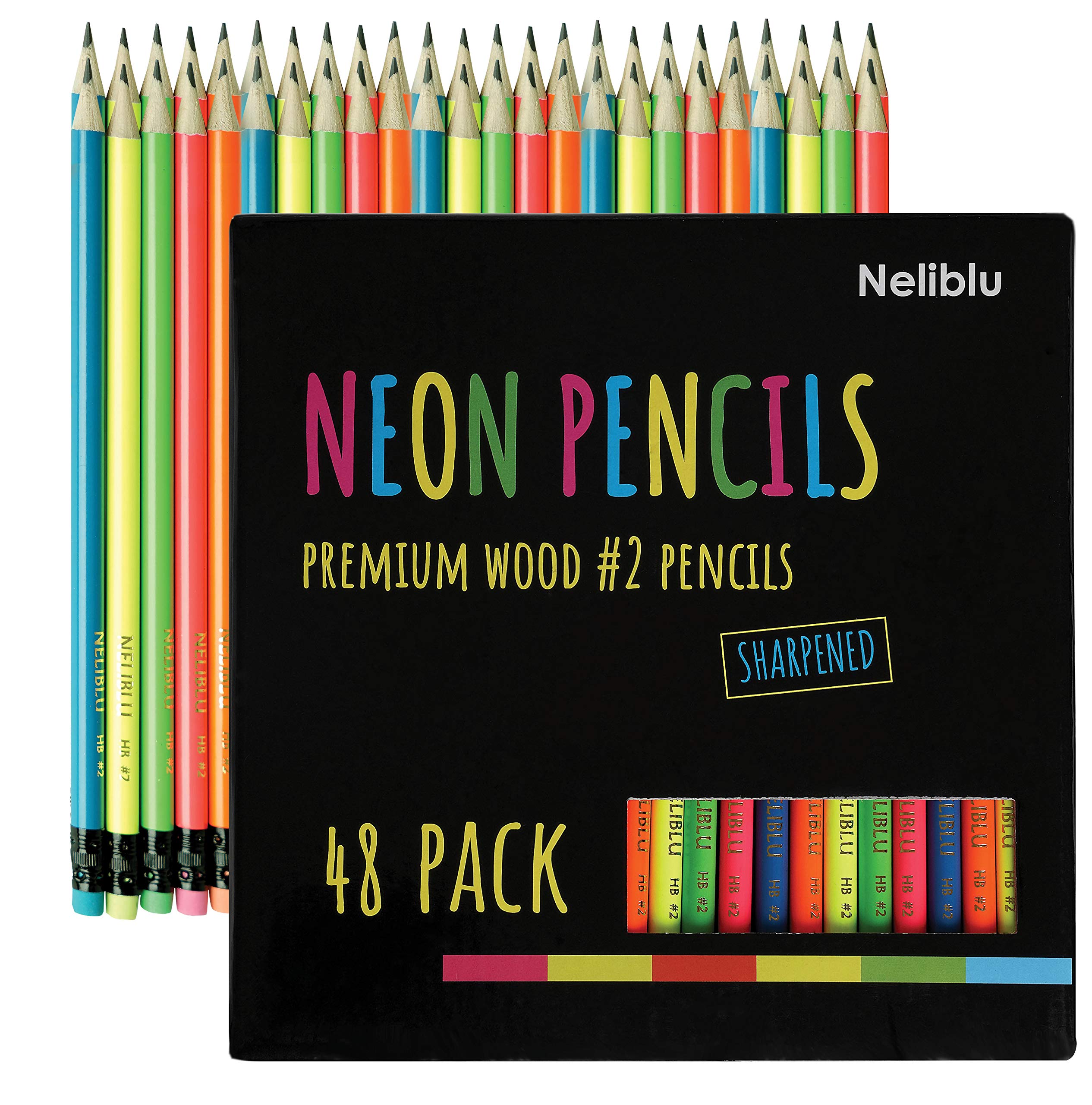 Cool Bulk Neon Pencils - 48 Pack - #2 Pre-Sharpened Non-Toxic Wood ...
