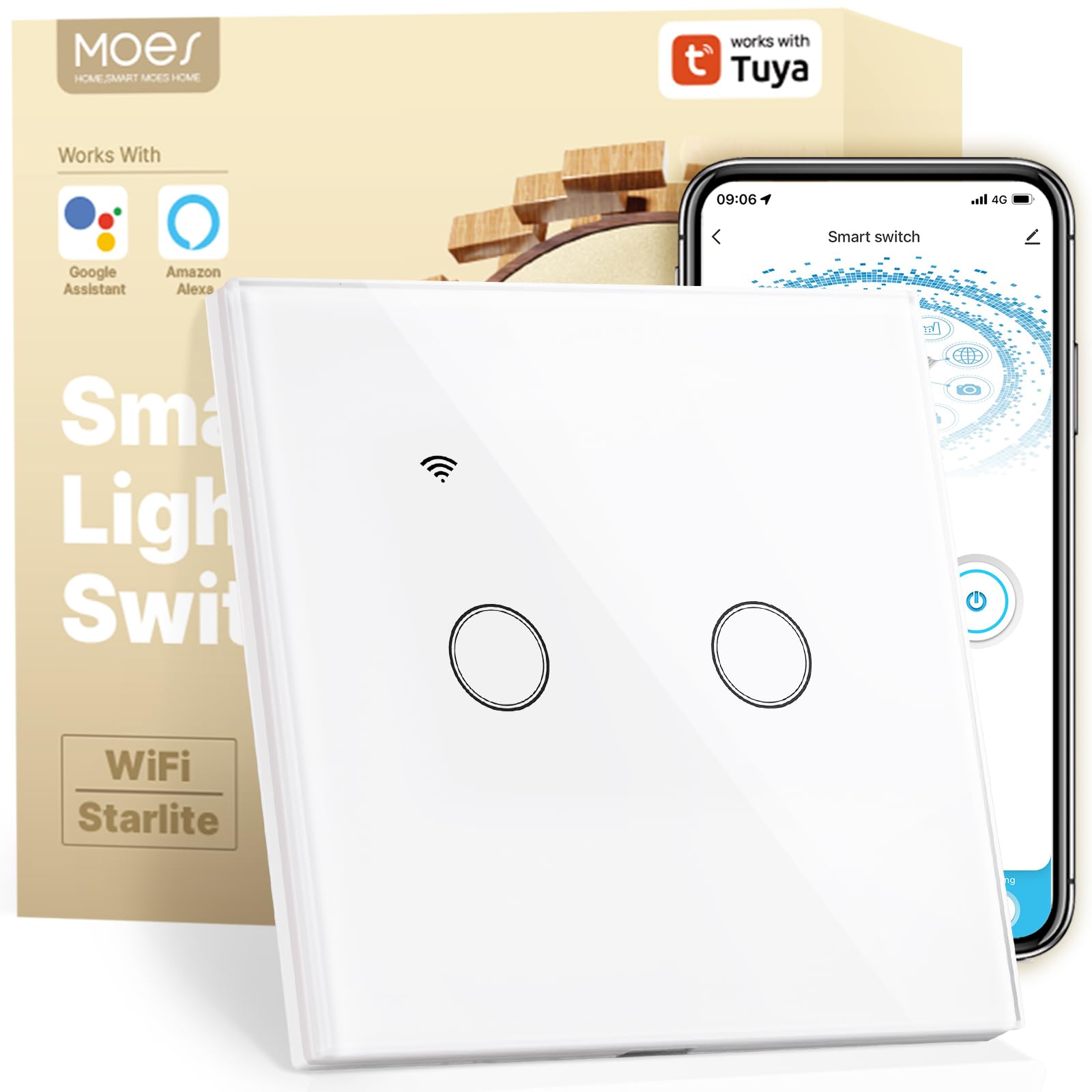 MOES WiFi Smart Touch Wall Switch 2 Gang, Multi-Control, Neutral/No ...