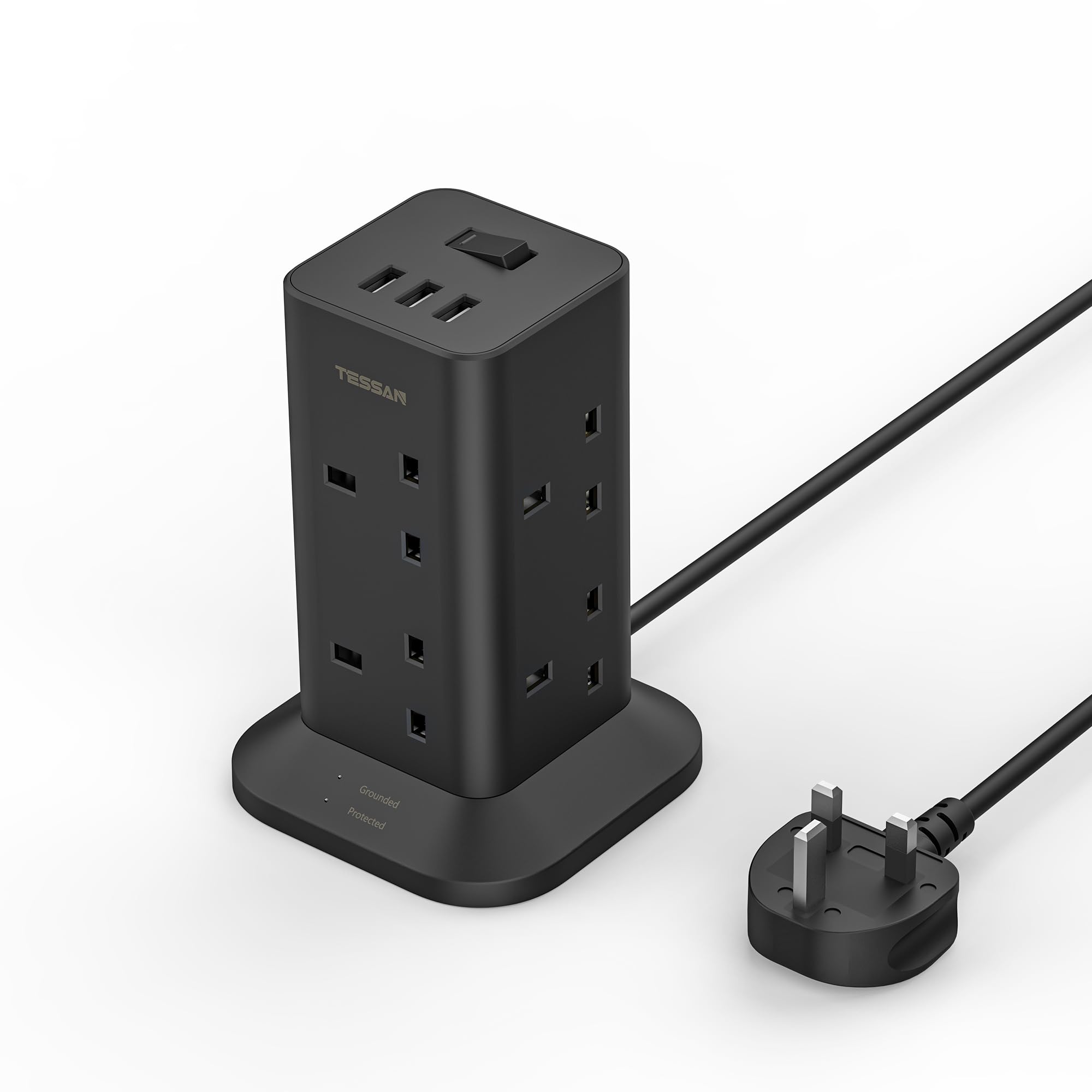 Tower Black Extension Lead with 3 USB Slots, TESSAN 8 Way Multi Plug ...