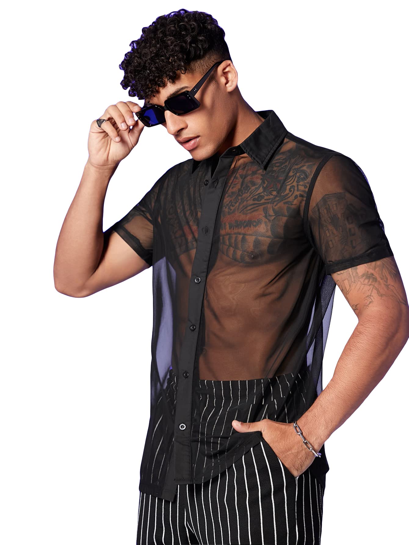 GORGLITTER Men's Sheer Mesh Button Down Shirt See Through Short Sleeve ...