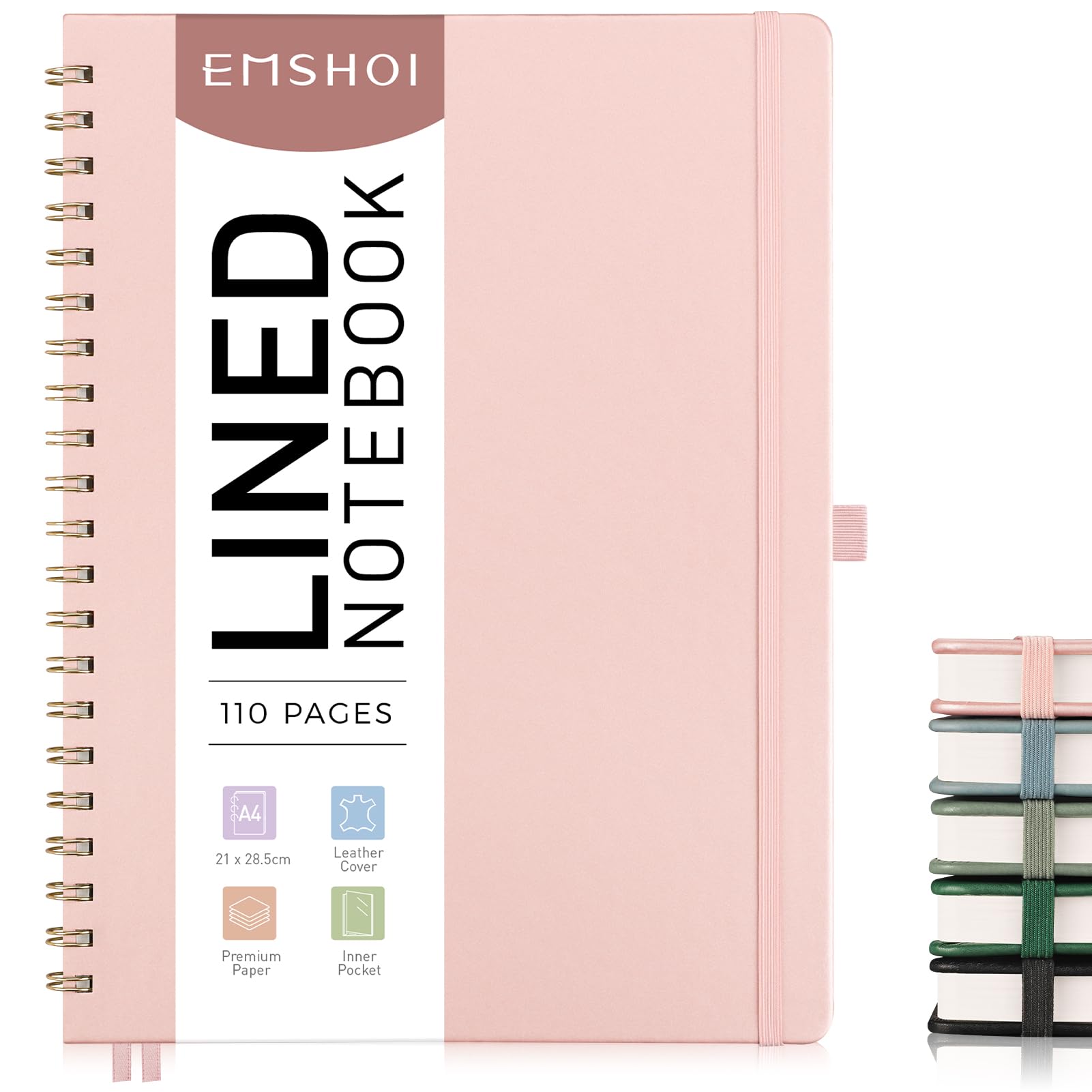 EMSHOI A4 Notebook Lined Journal, 100 GSM, PU Leather Hardcover, Sticky ...