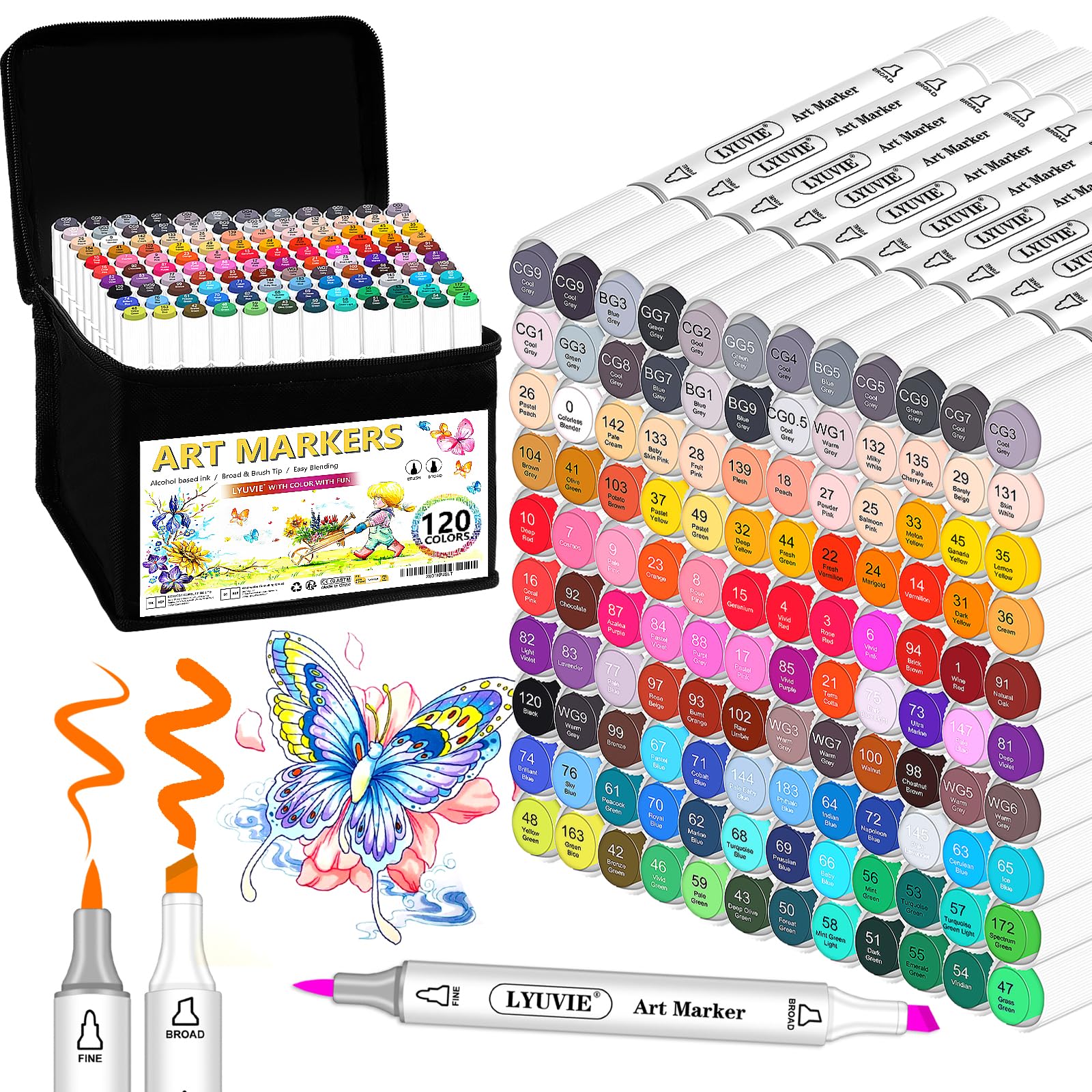 Lyuvie 120 Colours Alcohol Markers Set-Professional Dual Tip Alcohol ...