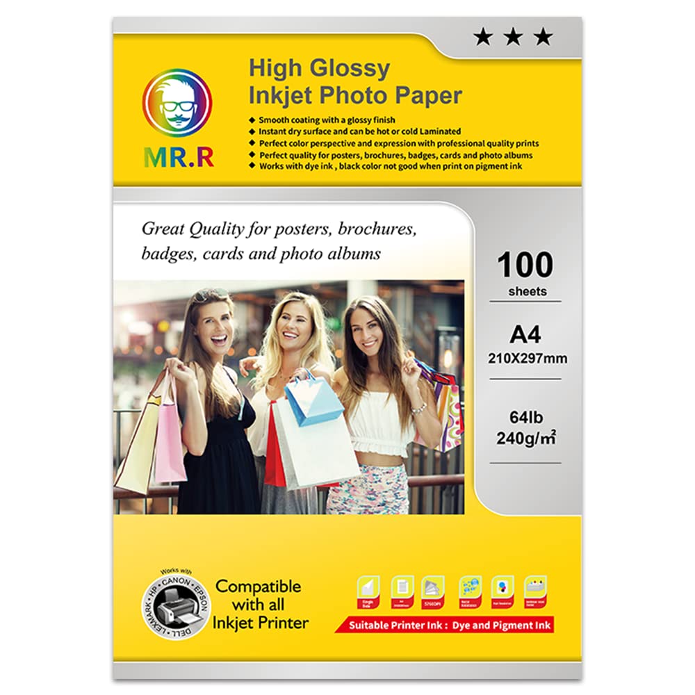 MR.R High Glossy Inkjet Photo Paper A4 210 x 297mm 240 GSM 100 Sheets for Inkjet Printers