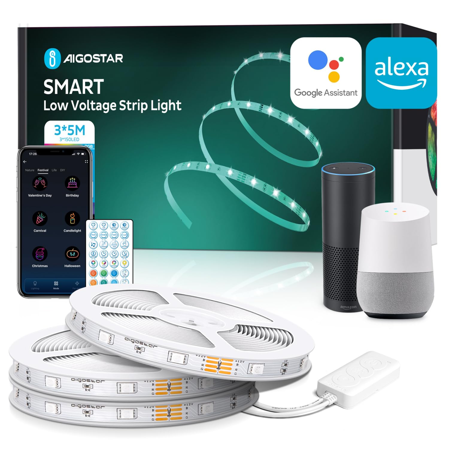 Aigostar Alexa LED Strip Lights 15m, led Lights Smart led Strips Lights ...