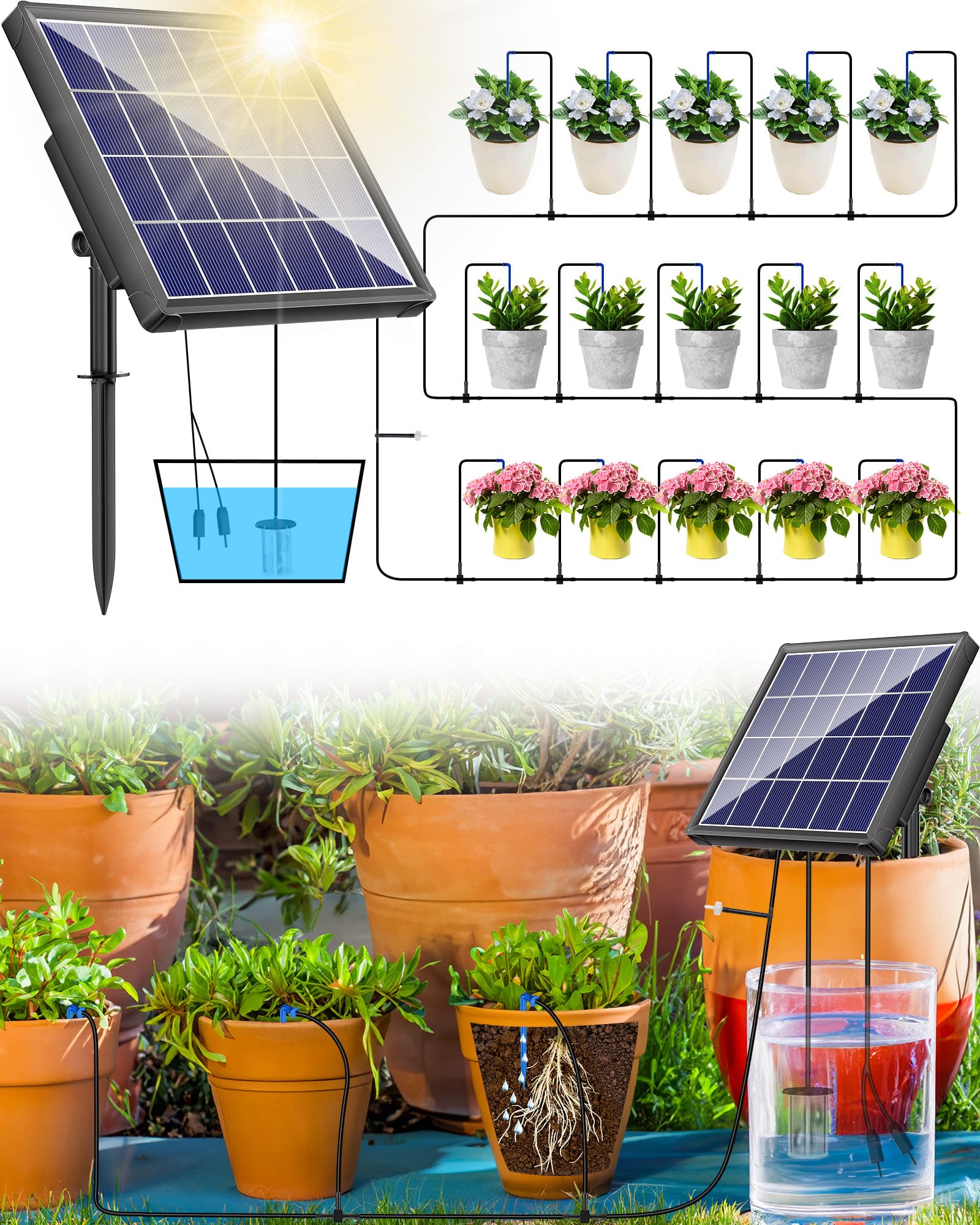 Biling Solar Automatic Watering System, 15 Drippers Solar Powered ...