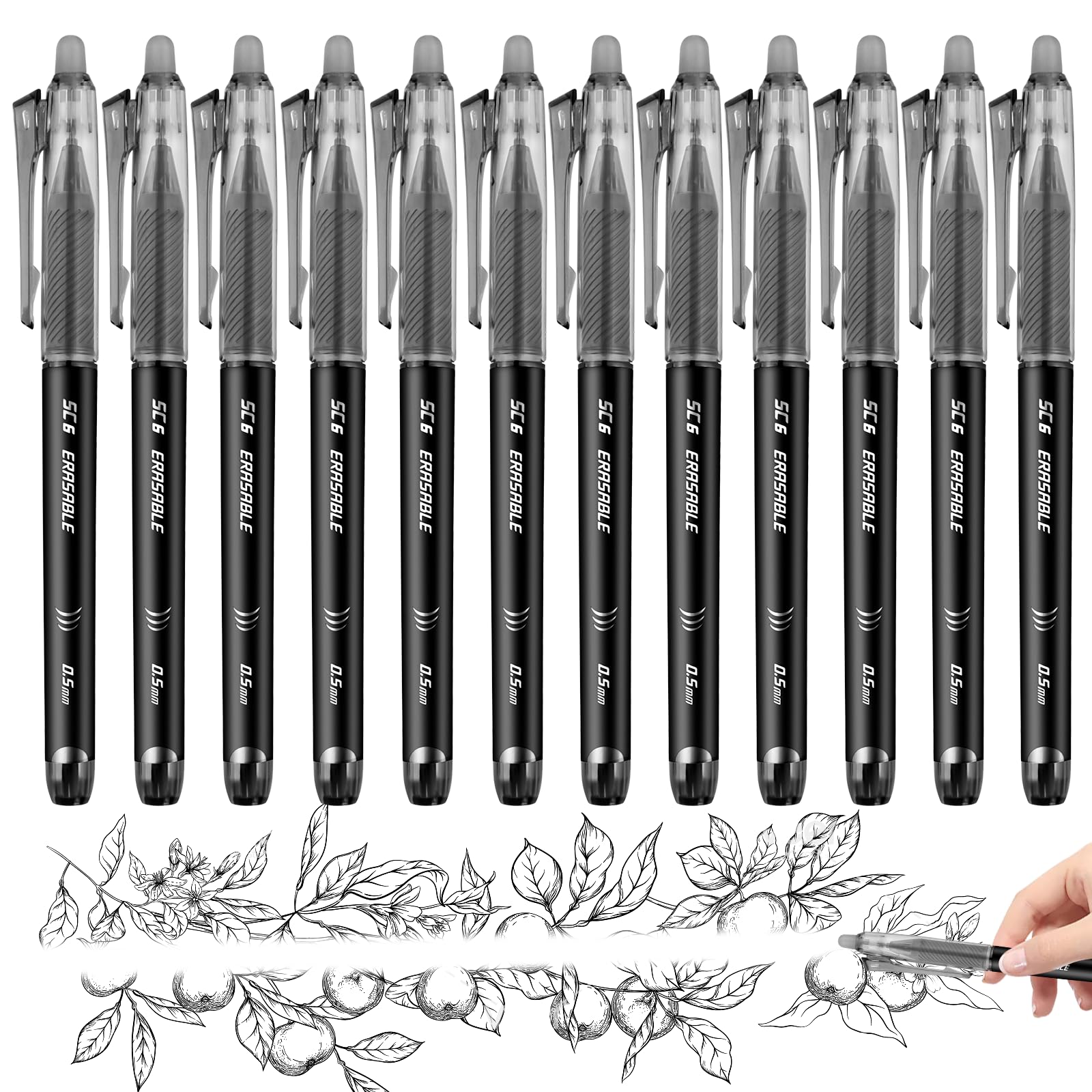 Erasable Pens, 12PCS Black Rub Out Pens with Rubbers on the End, 0.5mm ...