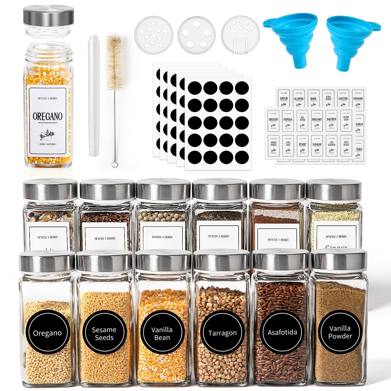 12 Pack Storage Jars & Canisters Spice Jars with Lid Label, Square ...