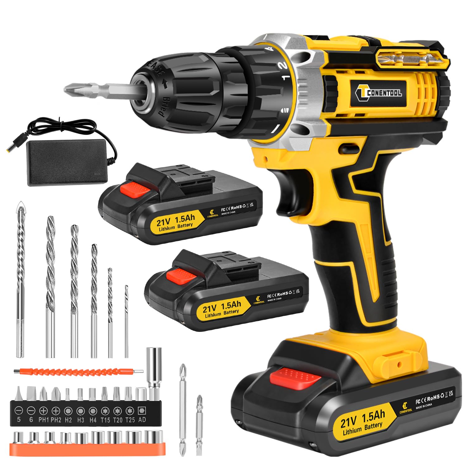 Conentool 21V Cordless Drill Driver Set, Electric Screwdriver with 2X ...