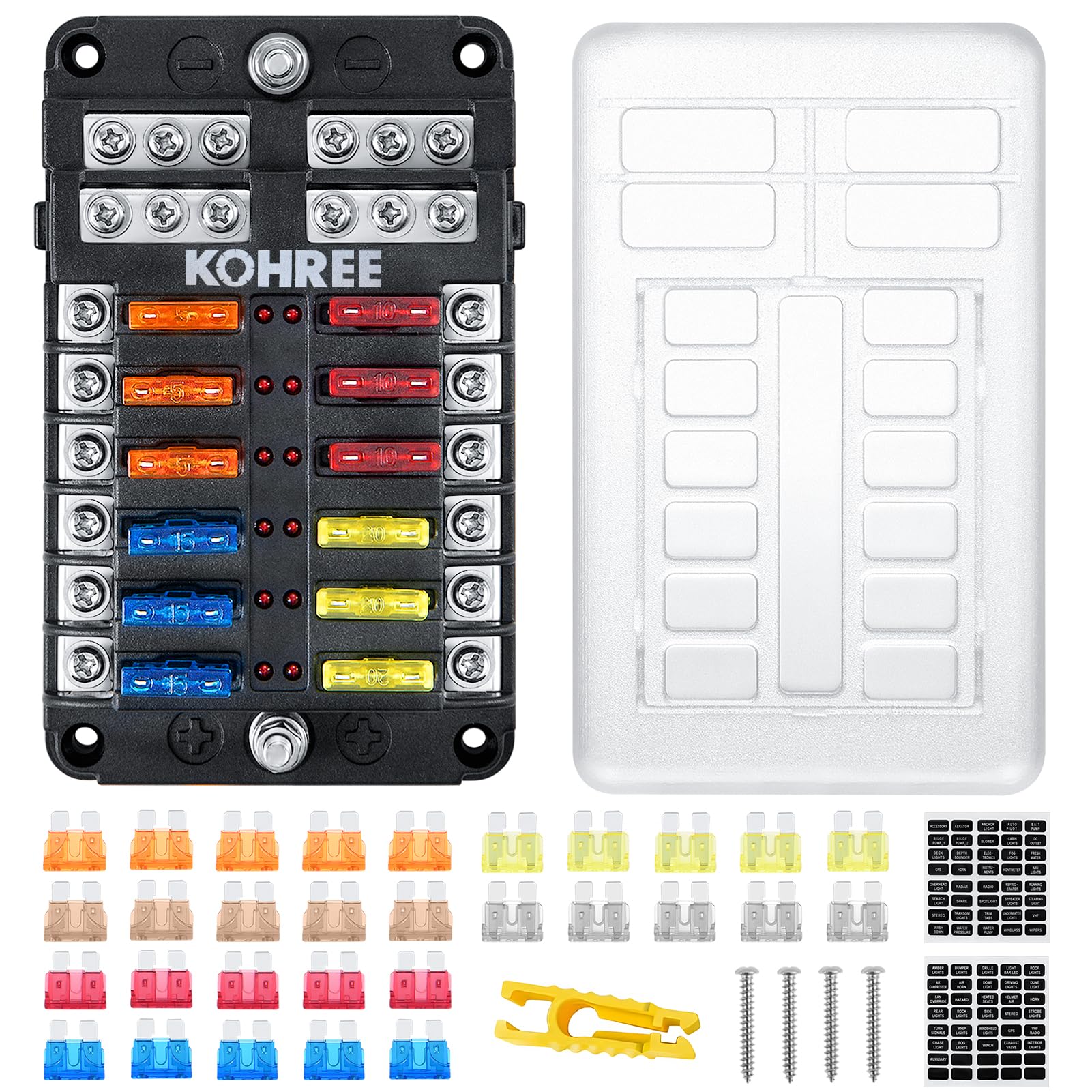 Kohree 12 Way 12V Fuse Box, 12 Volt Blade Fuse Block Waterproof with LED Indicator, Automotive ...
