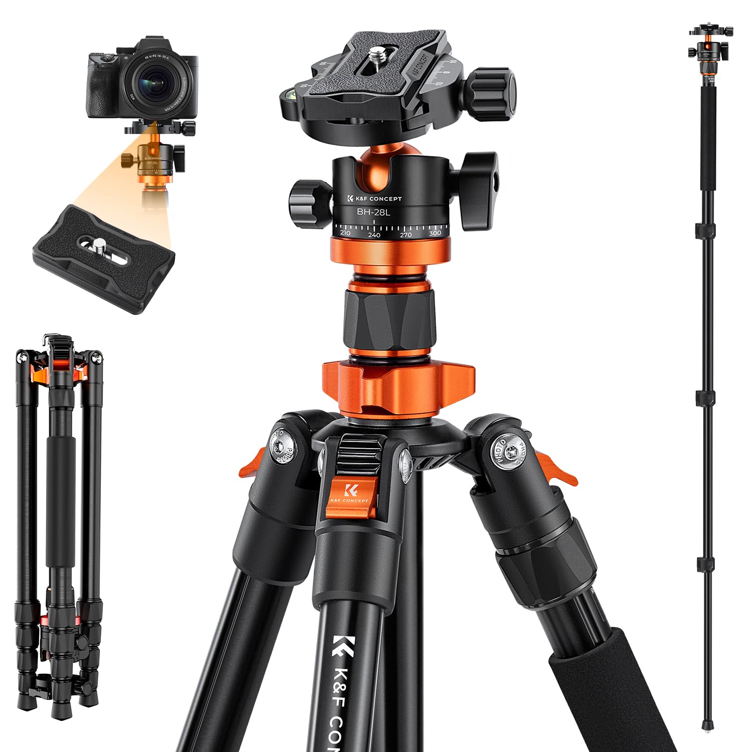 K&F Concept 68 inch /175cm Camera Tripods,Compact Travel Tripod with ...