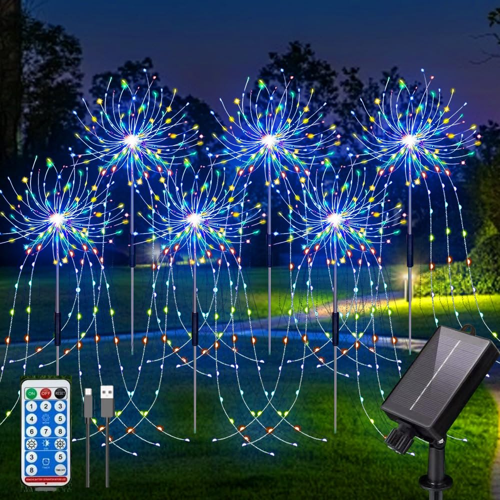 YZYOE 6 Pack 720 LED Outdoor Solar Ground Inserted Colorful Fireworks ...