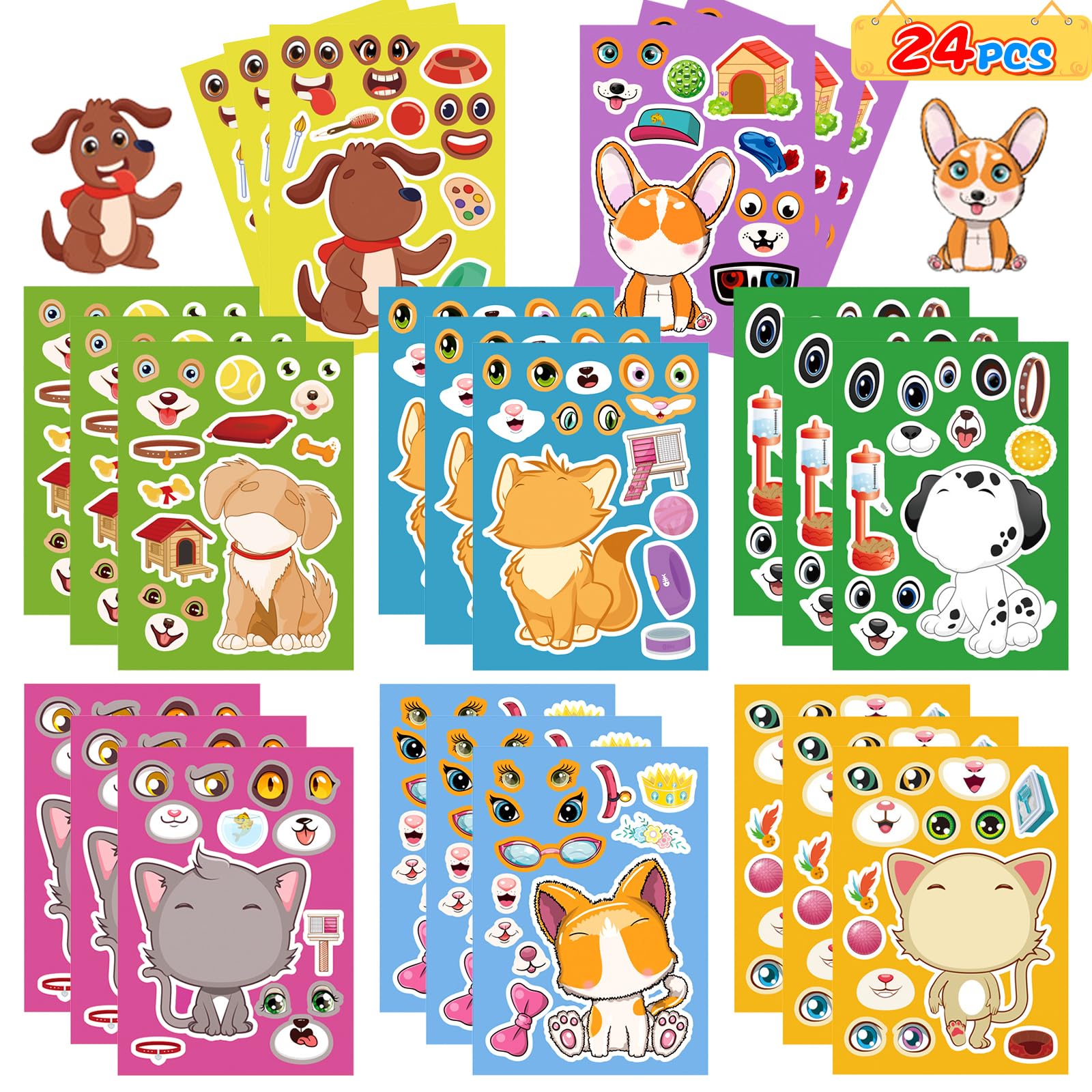 24 Sheets Cats & Dogs Make a Face Stickers, Cats Party Games Stickers ...