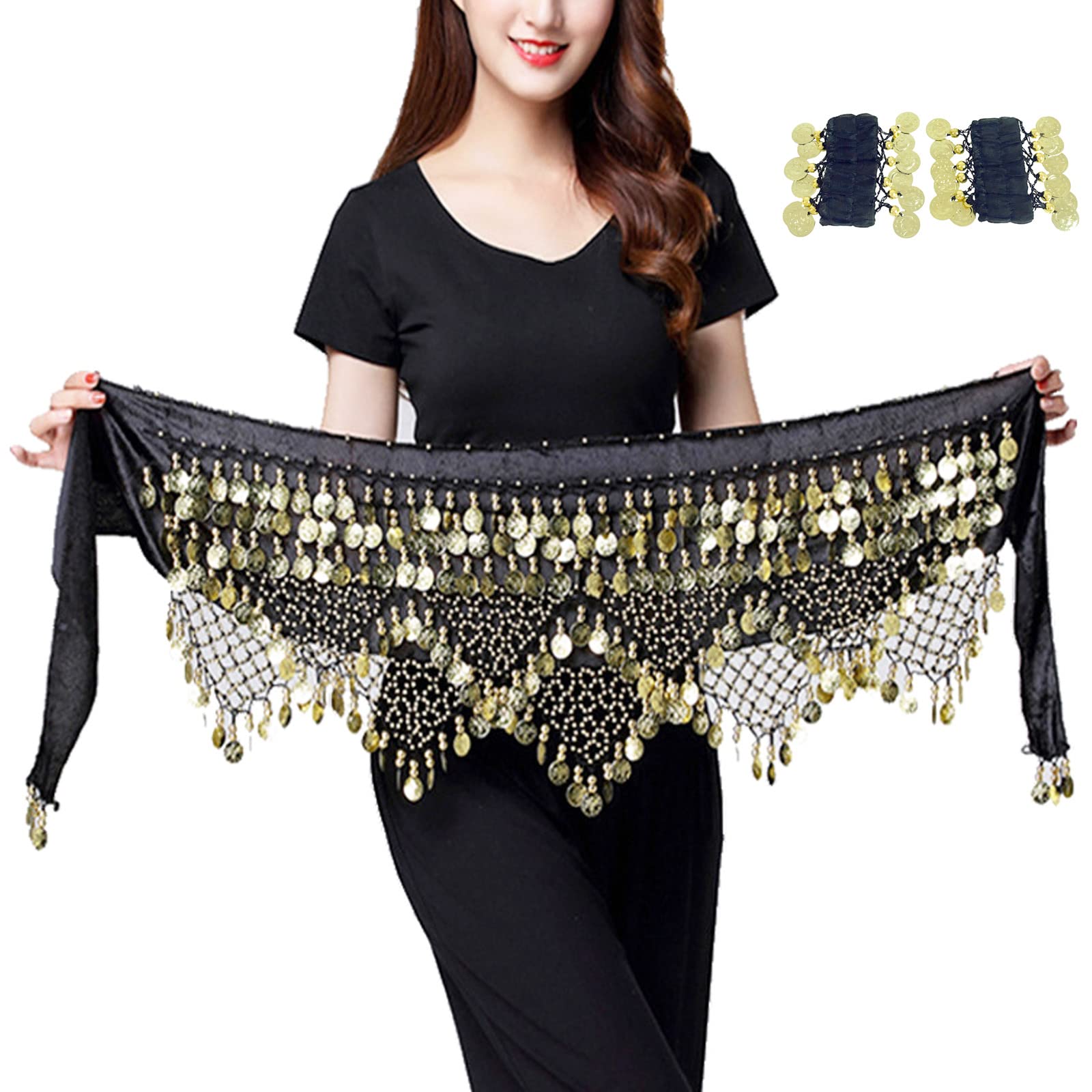 AWOCAN 3PCS Women Belly Dance Hip Scarfs Chiffon Dangling Belly Dancing ...
