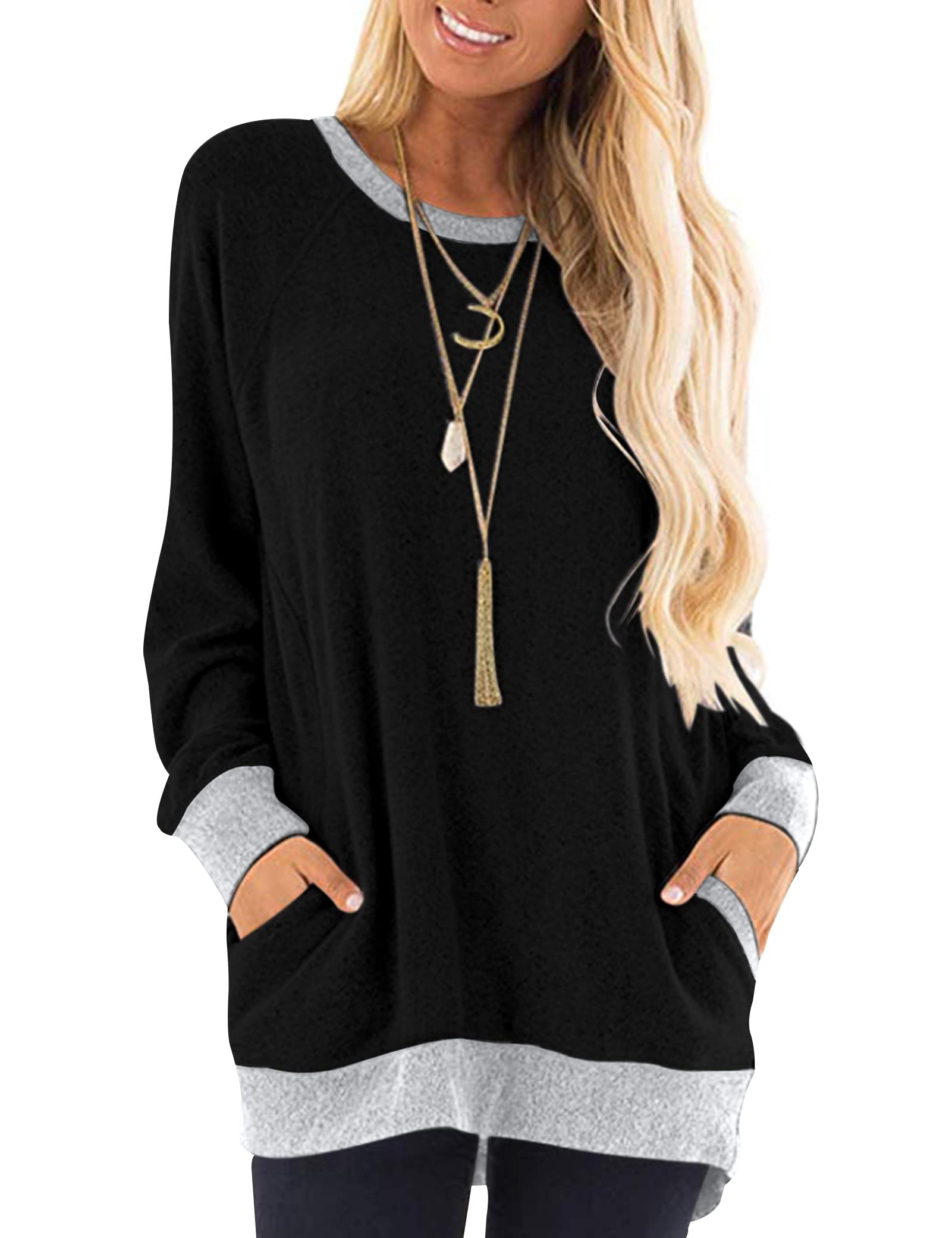 AUSELILY Long Sleeve Tops Women Round Neck Casual Jumpers Blouses ...