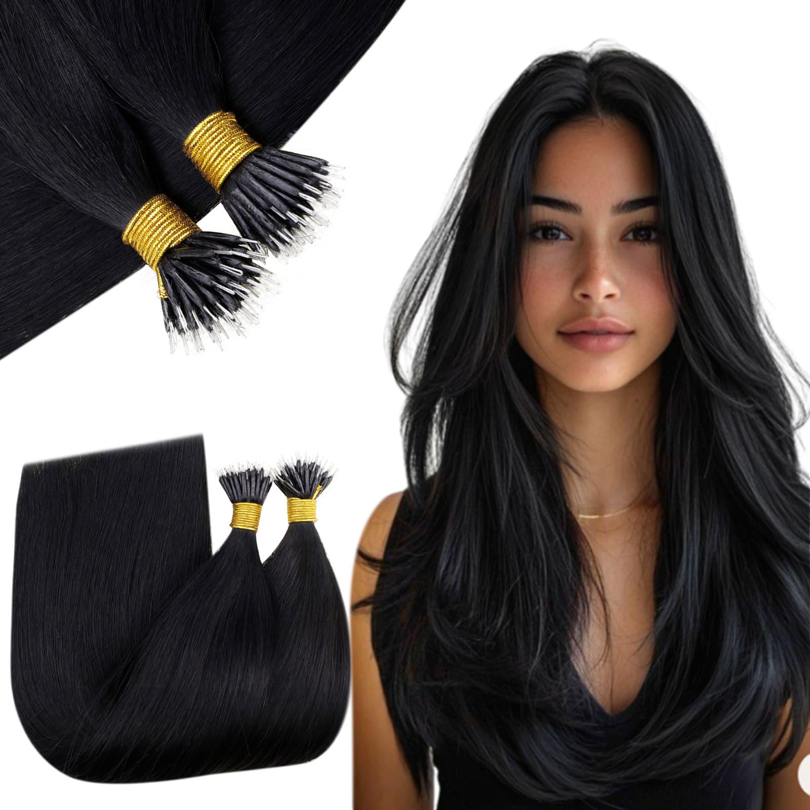 RUNATURE Nano Hair Extensions Human Hair Black Nano Ring Hair ...