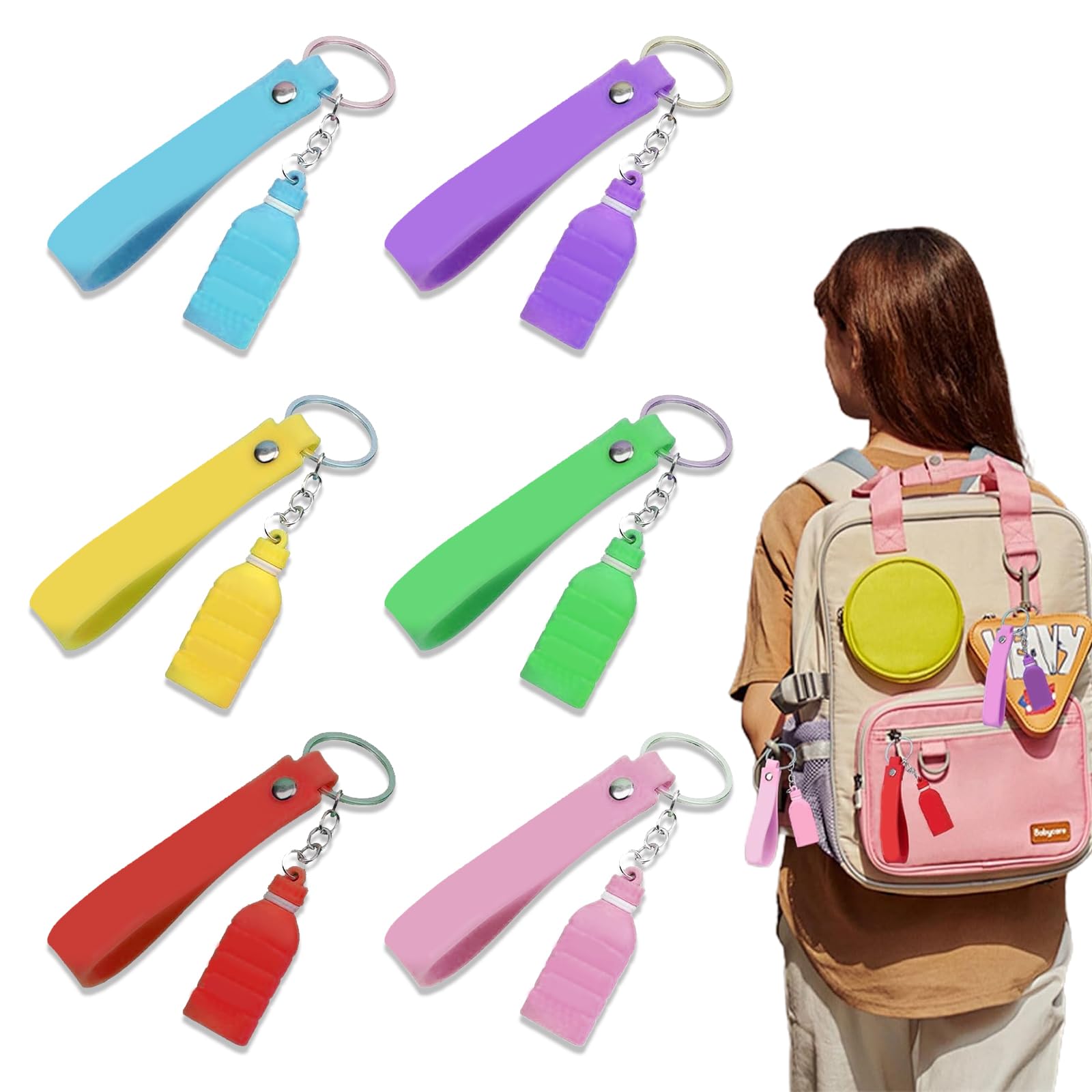 6pcs Bottle Style Keyrings Set, Metal & Rubber PVC Drink Bottle Keyring ...