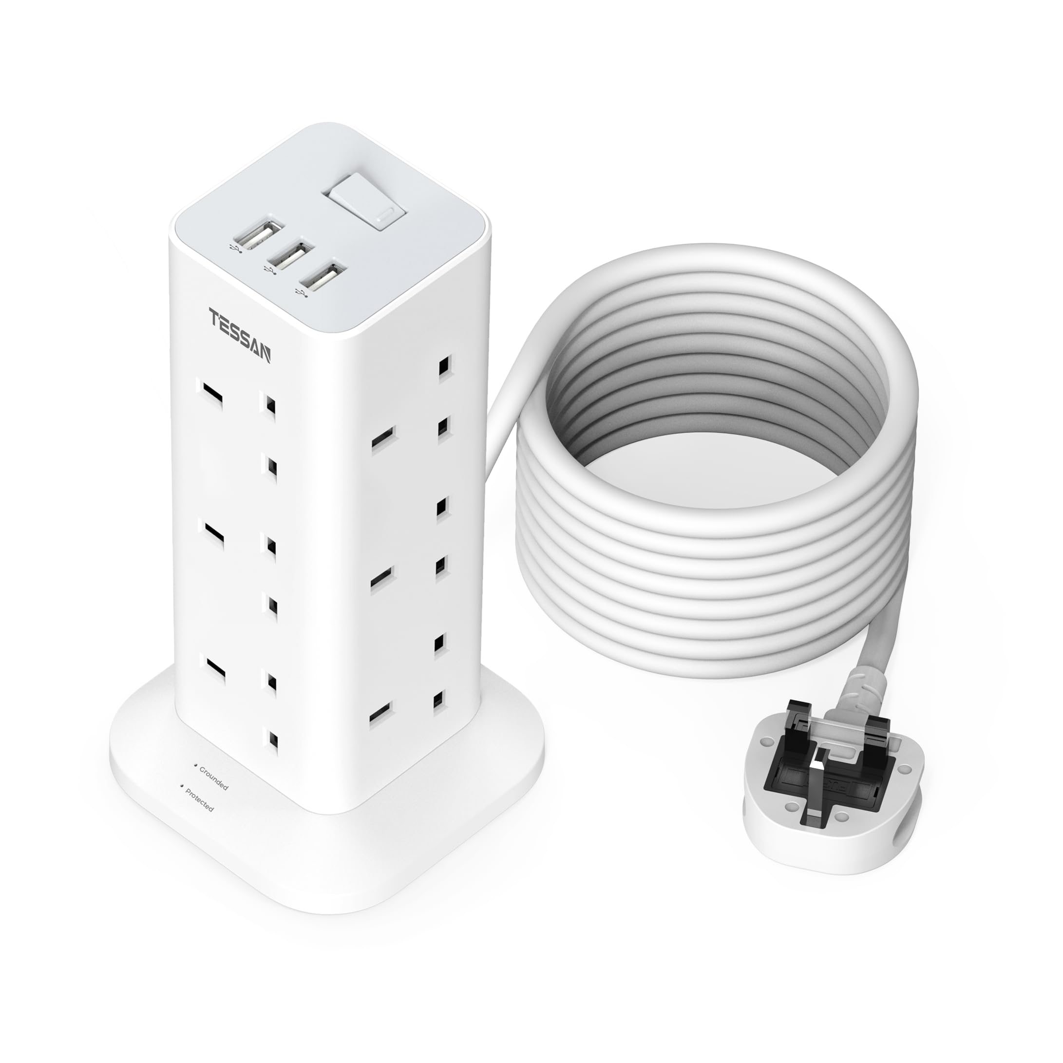 Tower Extension Lead 5M with 3 USB Slots, TESSAN 12 Way Multi Plug ...