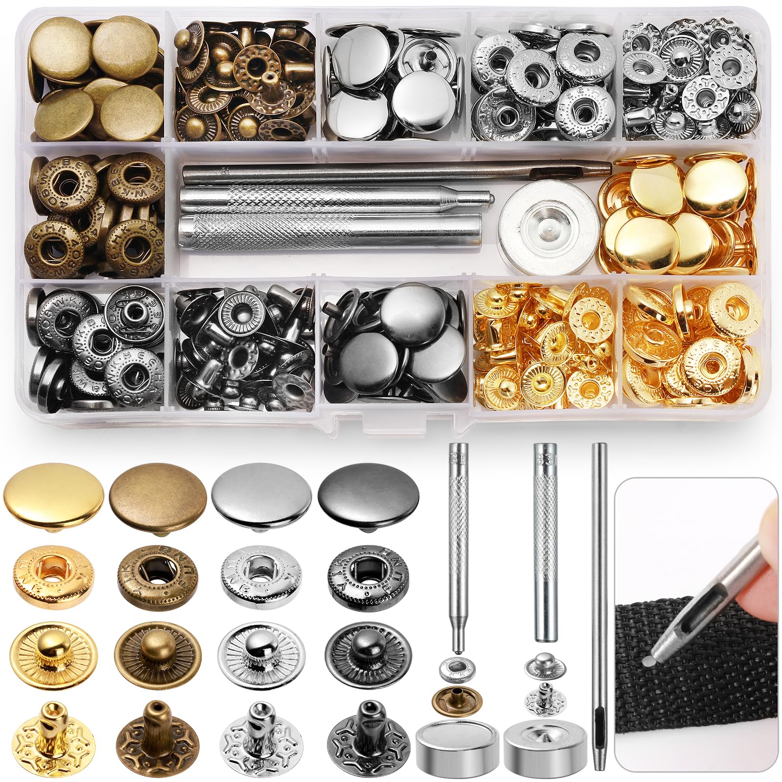 Ysimple 80 Sets Press Stud Kit, 4 Color 15mm Snap Fastener Kit with 4 ...