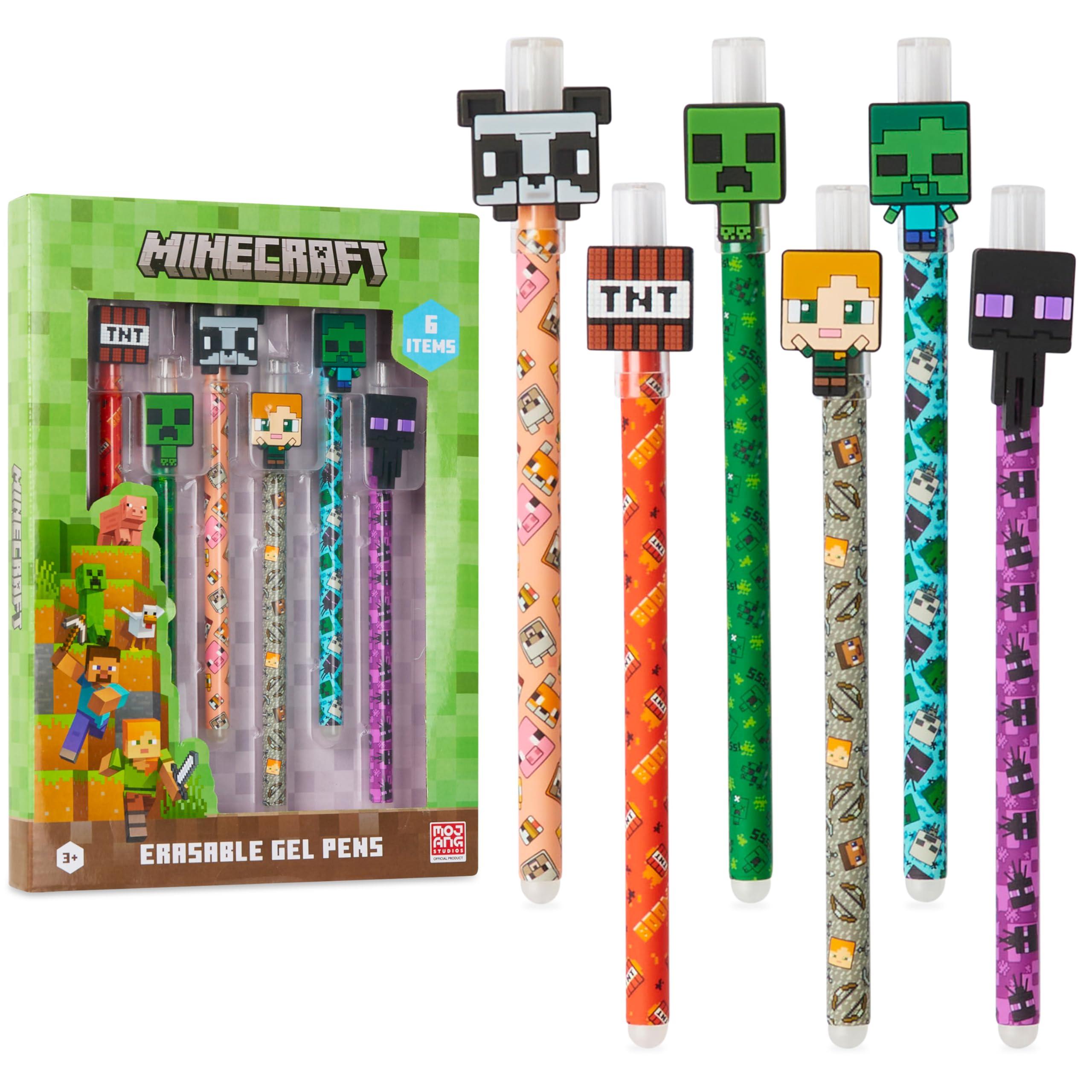 Minecraft Erasable Gel Pens Set, Coloured Pens with Erasers Pack of 6 ...