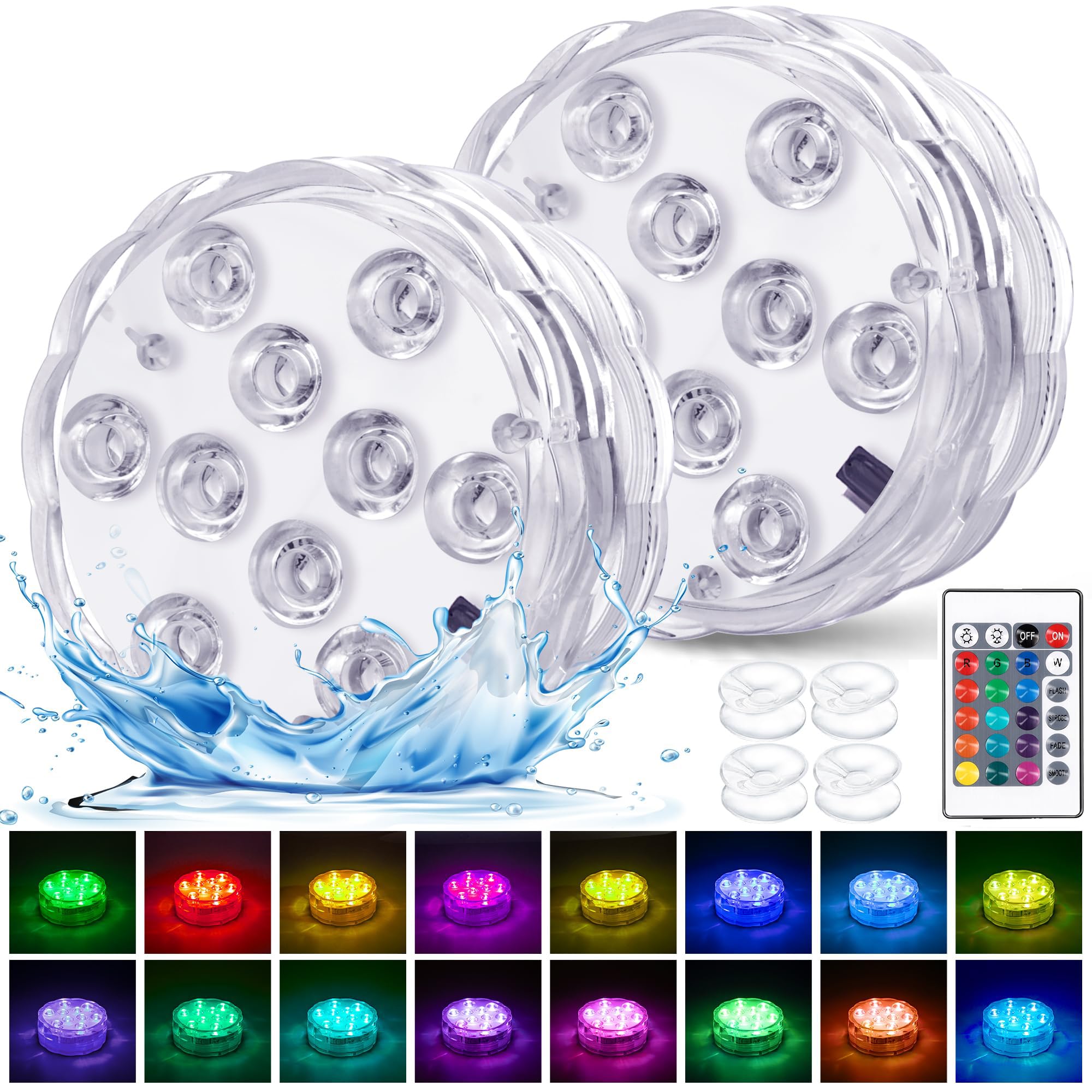 2 Pcs Submersible LED Lights Remote Control Battery Powered, RGB Multi ...