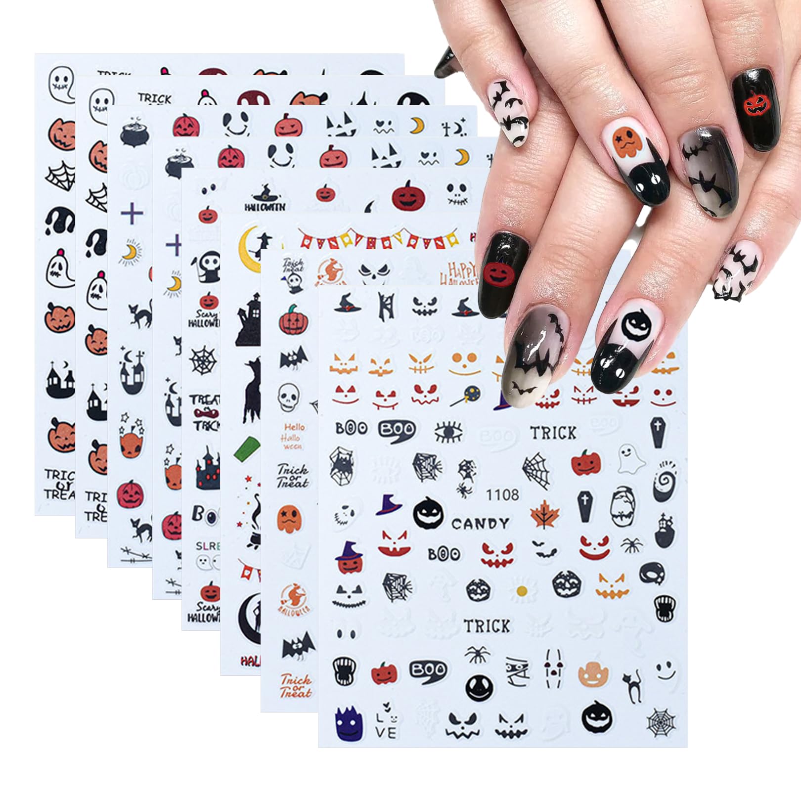 8 Sheets Halloween Nail Stickers, Halloween Nail Decals Cute Ghost ...