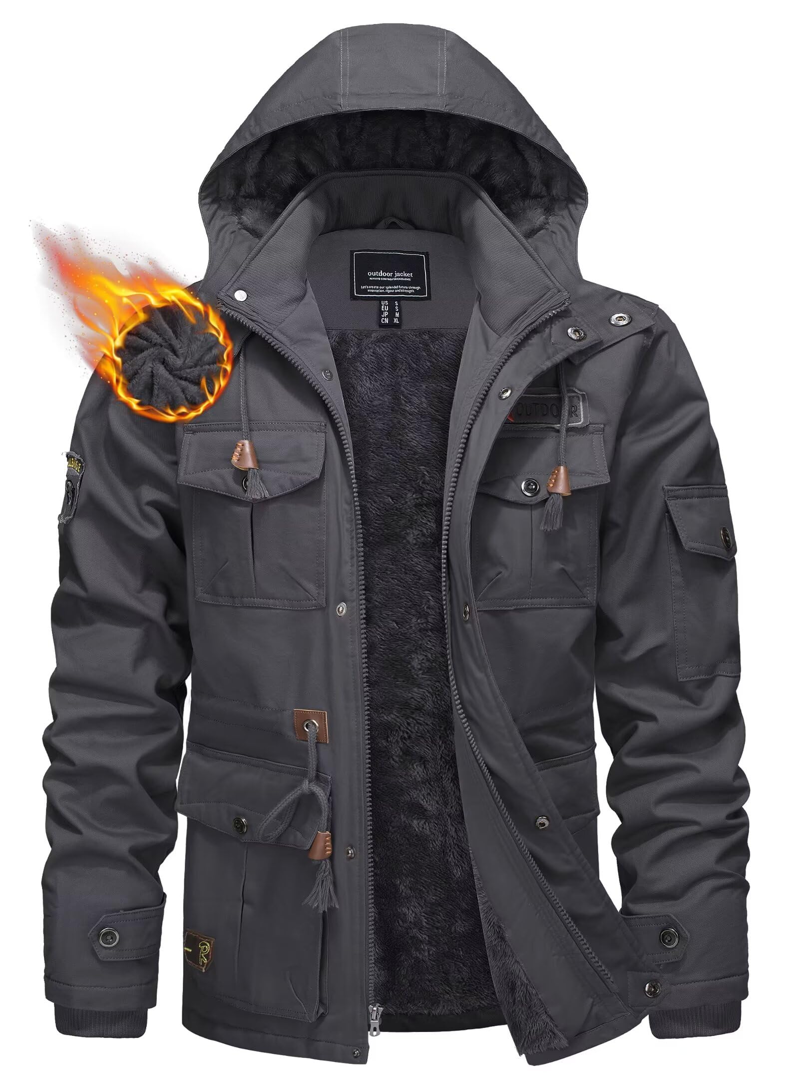KEFITEVD Men's Winter Cargo Jacket Windproof Fleece Work Jackets ...