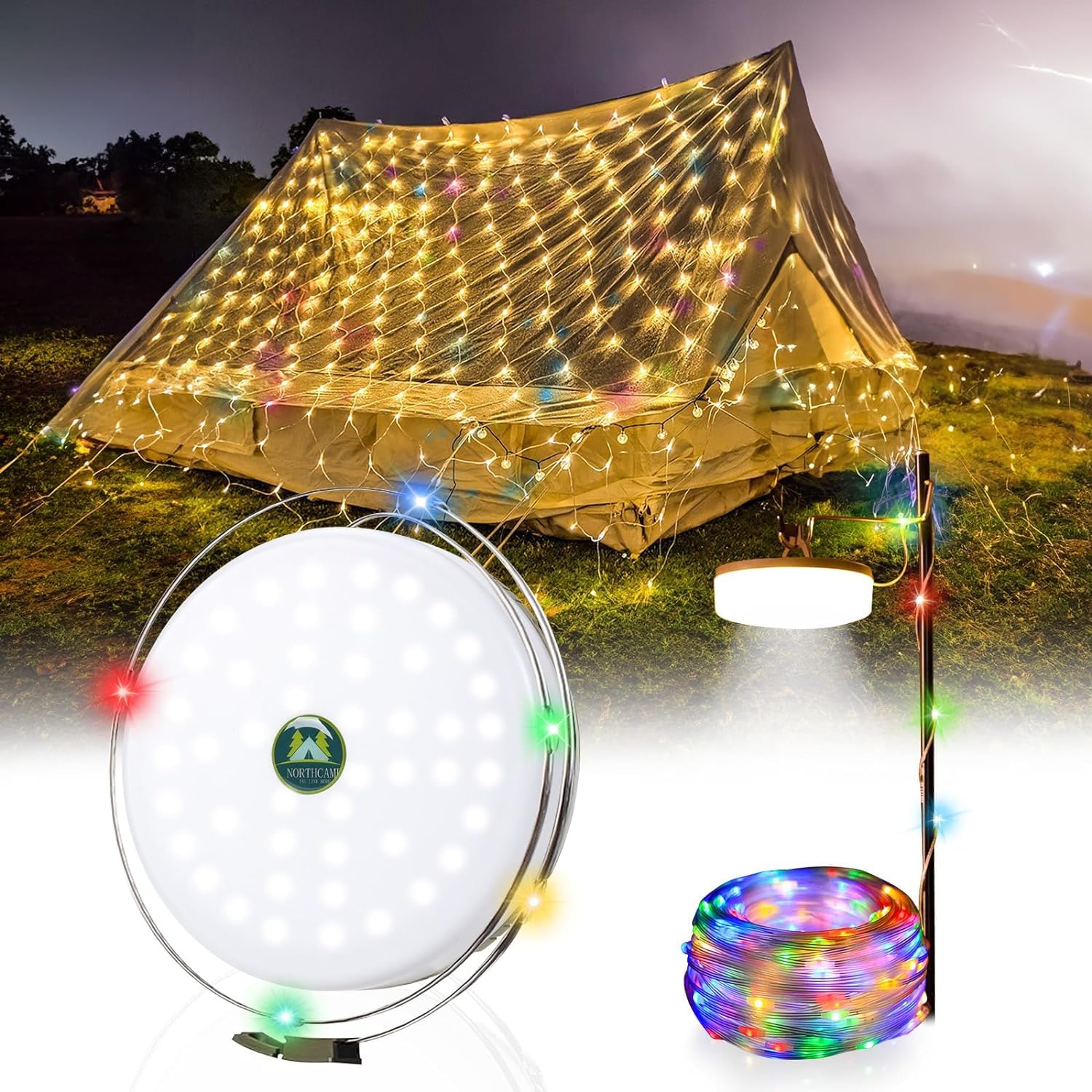 ONXE Camping String Lights Reel 65FT/20M, 2 in 1 Outdoor String Lights ...