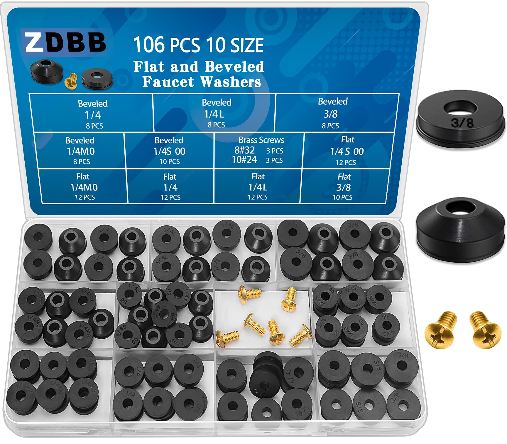 ZDBB 106 pcs Flat and Beveled Tap Valve Washers and Brass Bibb Screws ...
