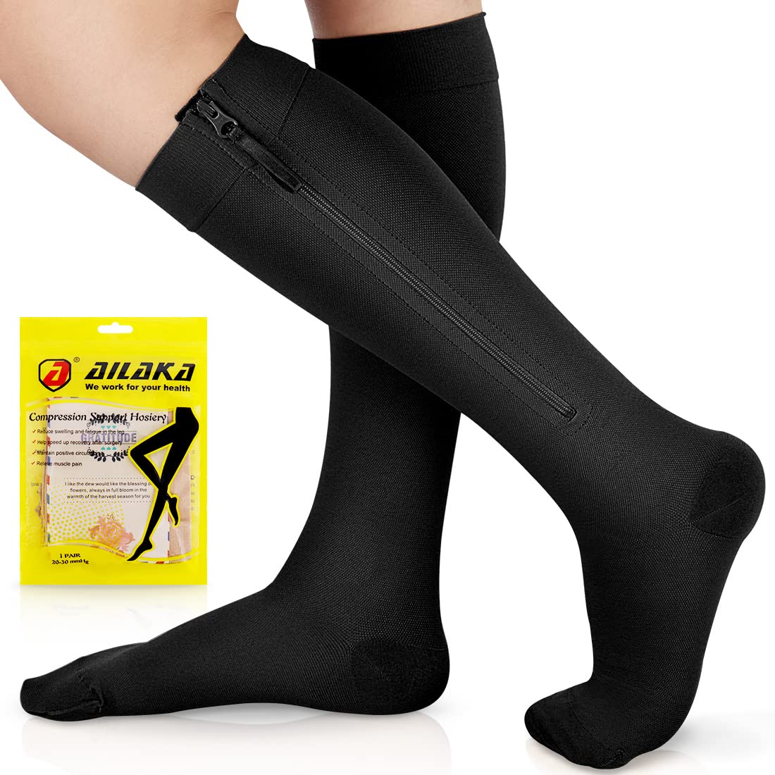 Ailaka Zipper Compression Socks for Men Women - 20-30 mmHg Close Toe ...