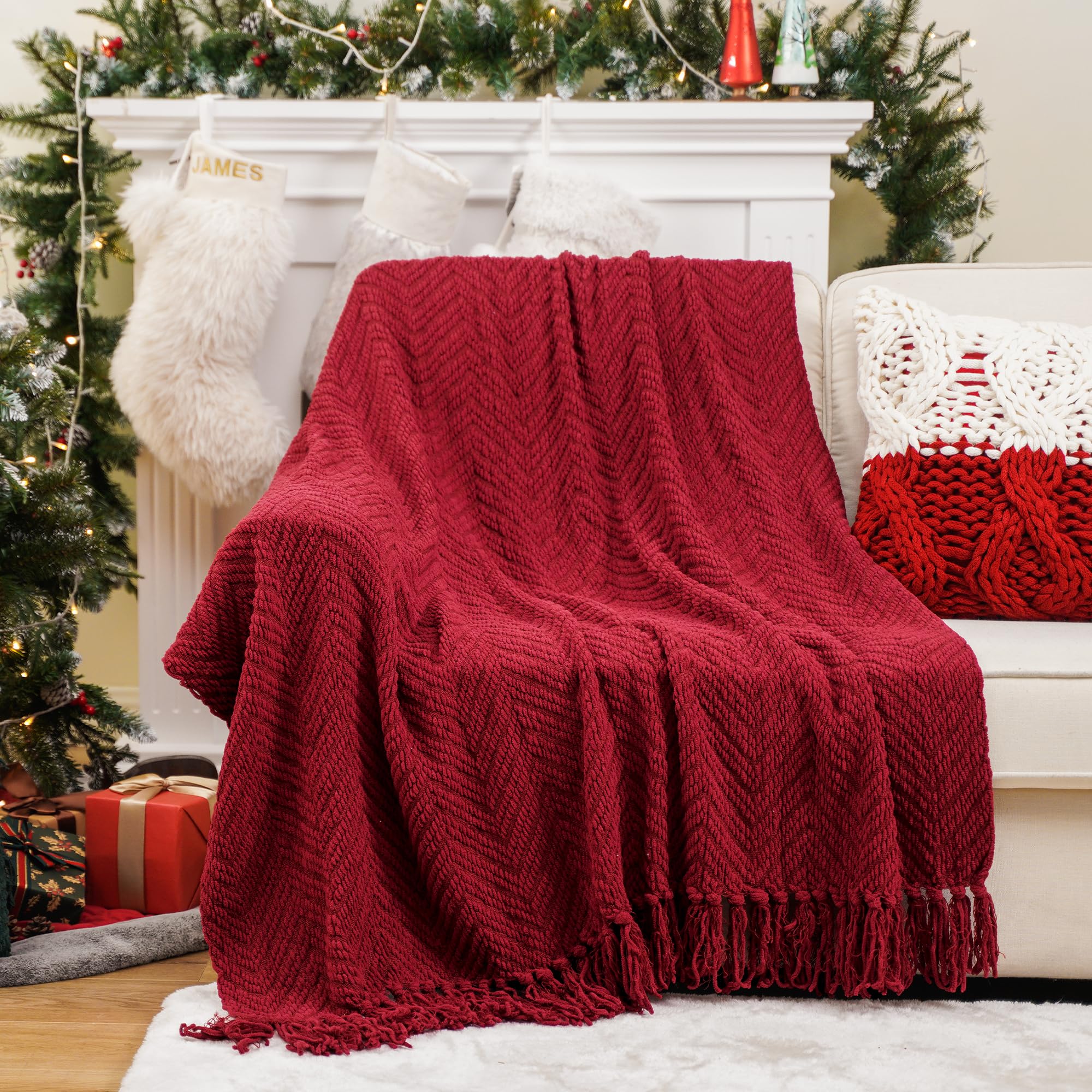 Battilo Red Throw Blanket for Sofa, Christmas Decor Knitted Burgundy ...