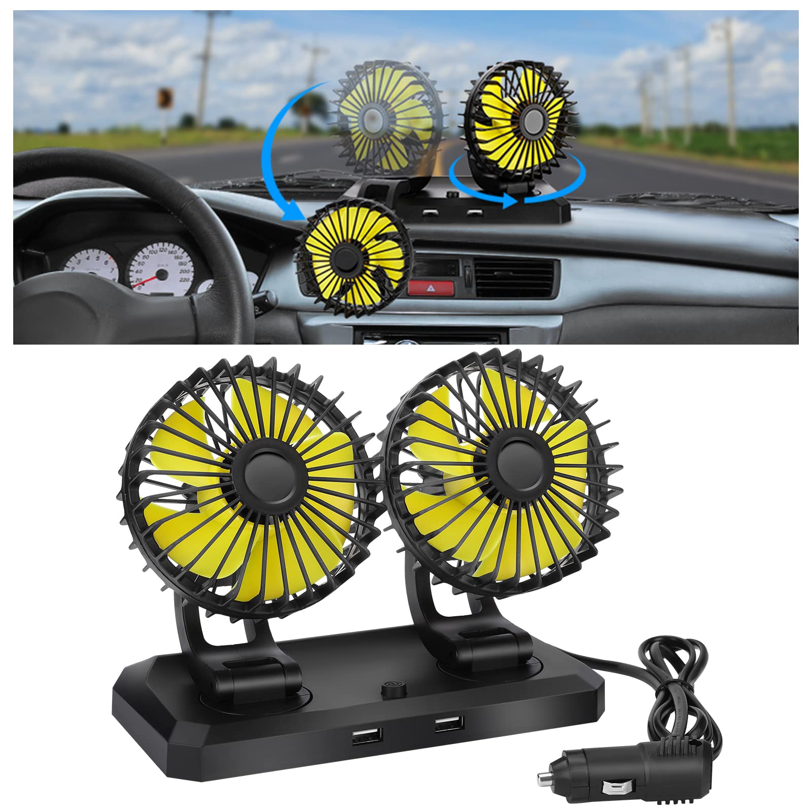 Coikes Car Fan 12V Dual Head Electric Auto Cooling Fan 2 Speed ...