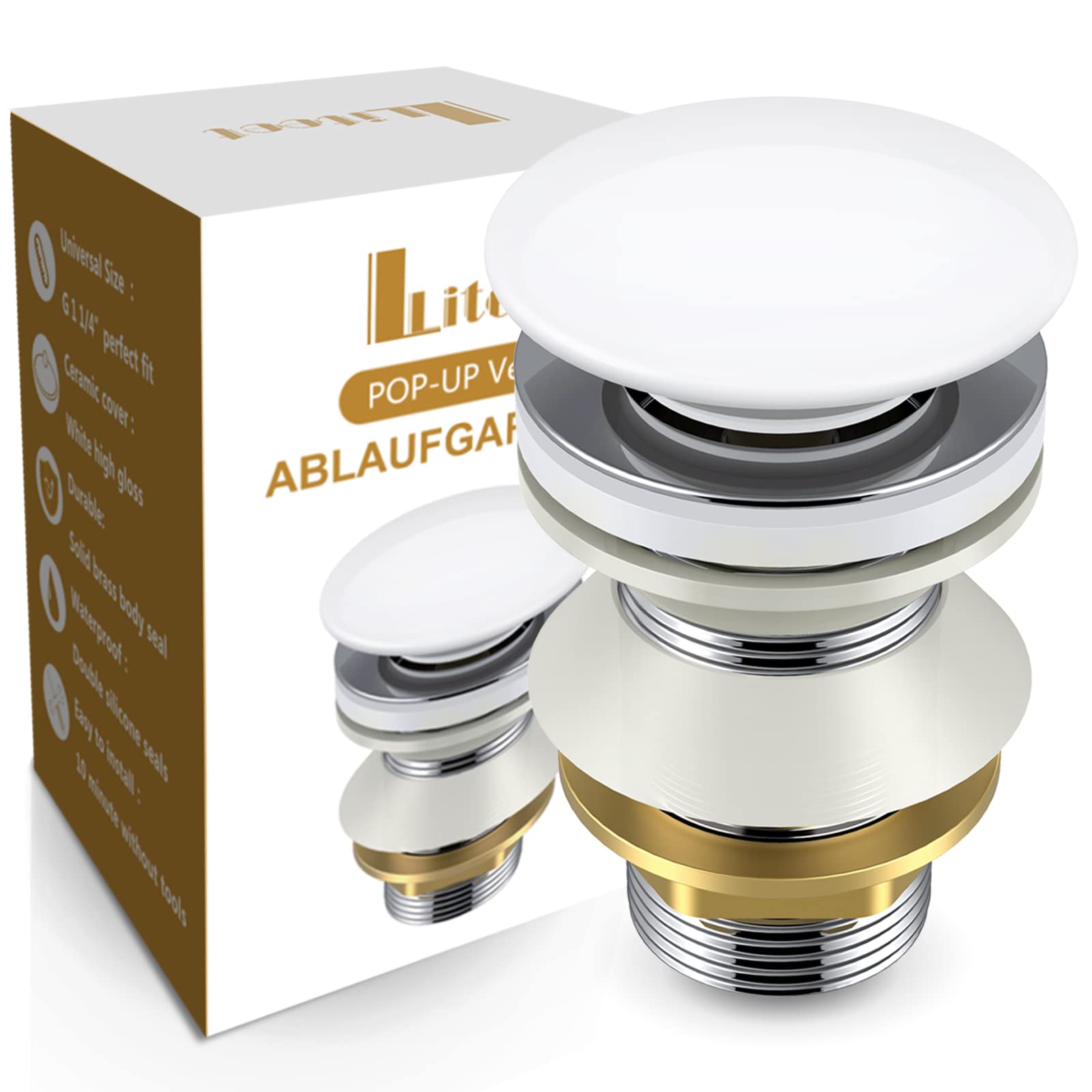 Unslotted Basin Sink Waste Pop Up Click Clack Basin Waste with Ceramic ...