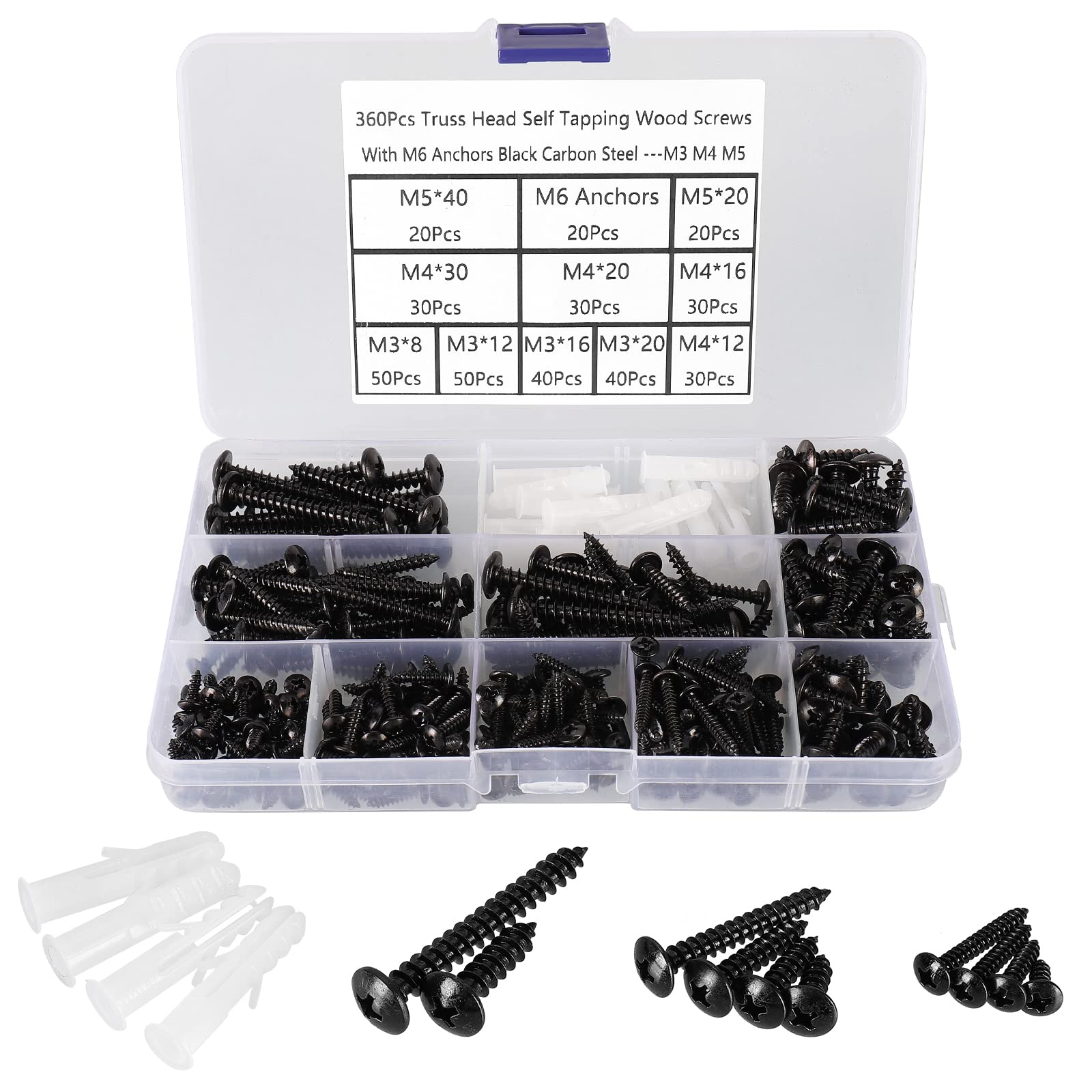 FandWay 360Pcs M3/M4/M5 Truss Head Wood Screws, Phillips Round Head Self Tapping Screws, Black ...