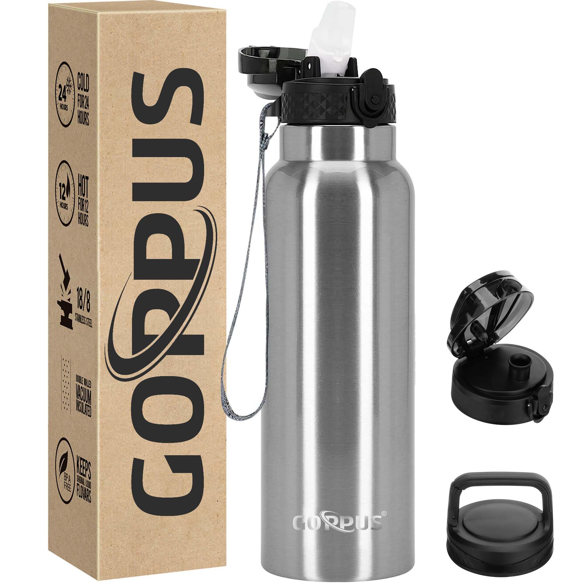 GOPPUS 750ml/24oz Insulated Water Bottles with Straw 0.75 Litre Metal ...