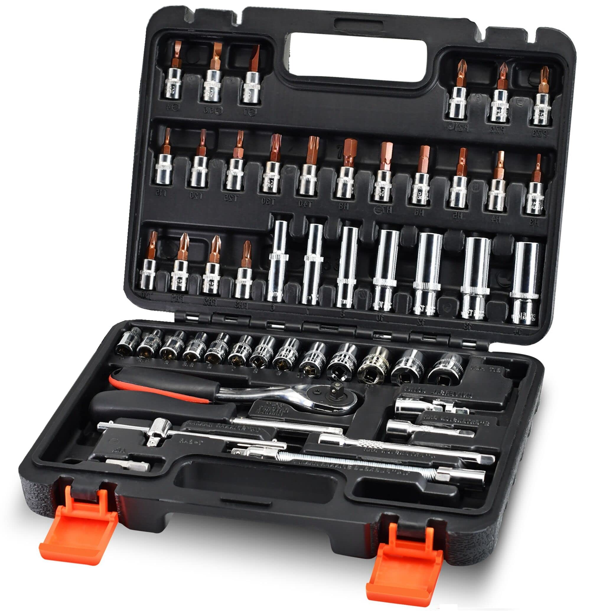 53-Piece 1/4" Socket Set,Driver Bits Metric Tool Set,72 Teeth Quick ...