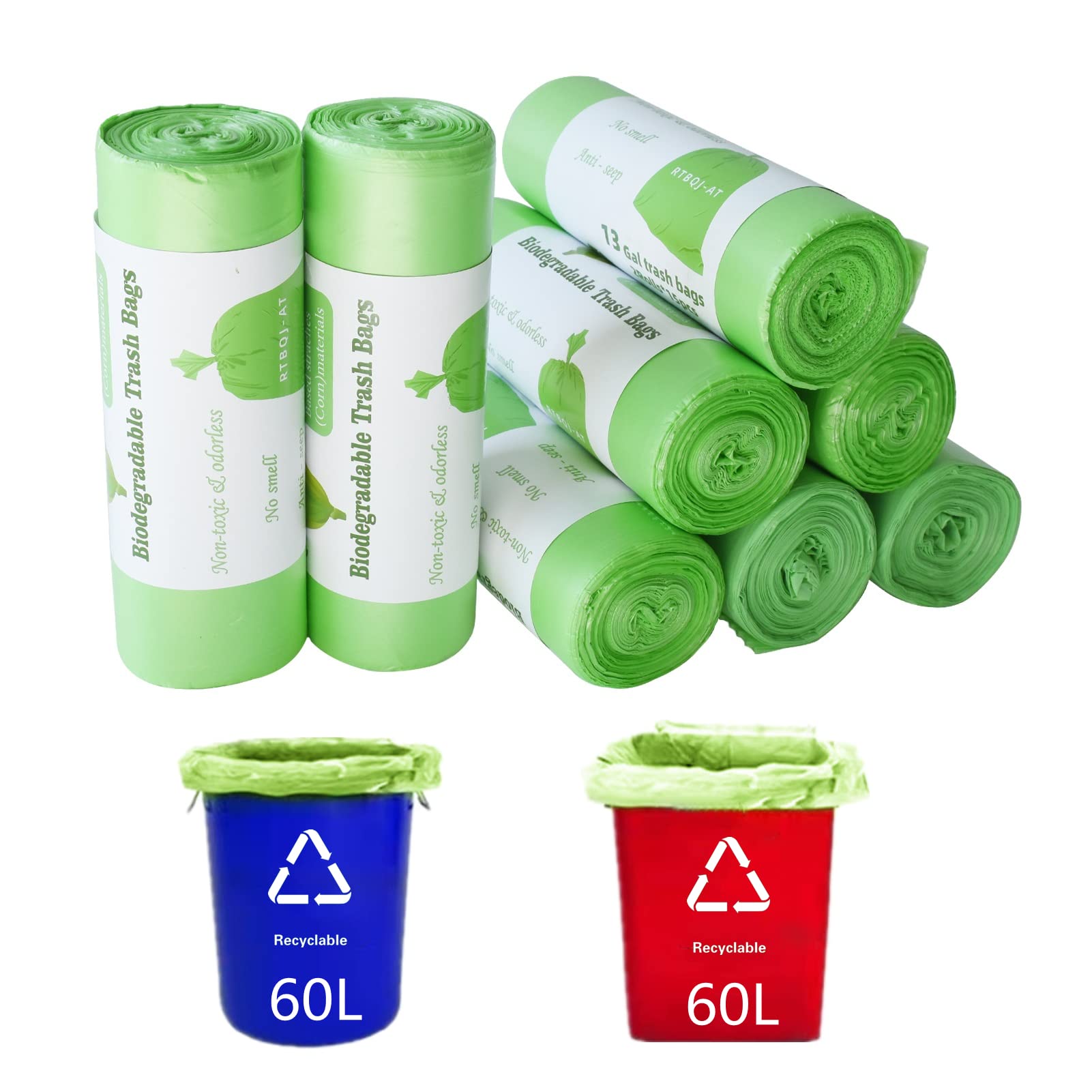 RTBQJ-AT 100% Biodegradable Bin Liners, 60L 120 Bags Biodegradable Food ...