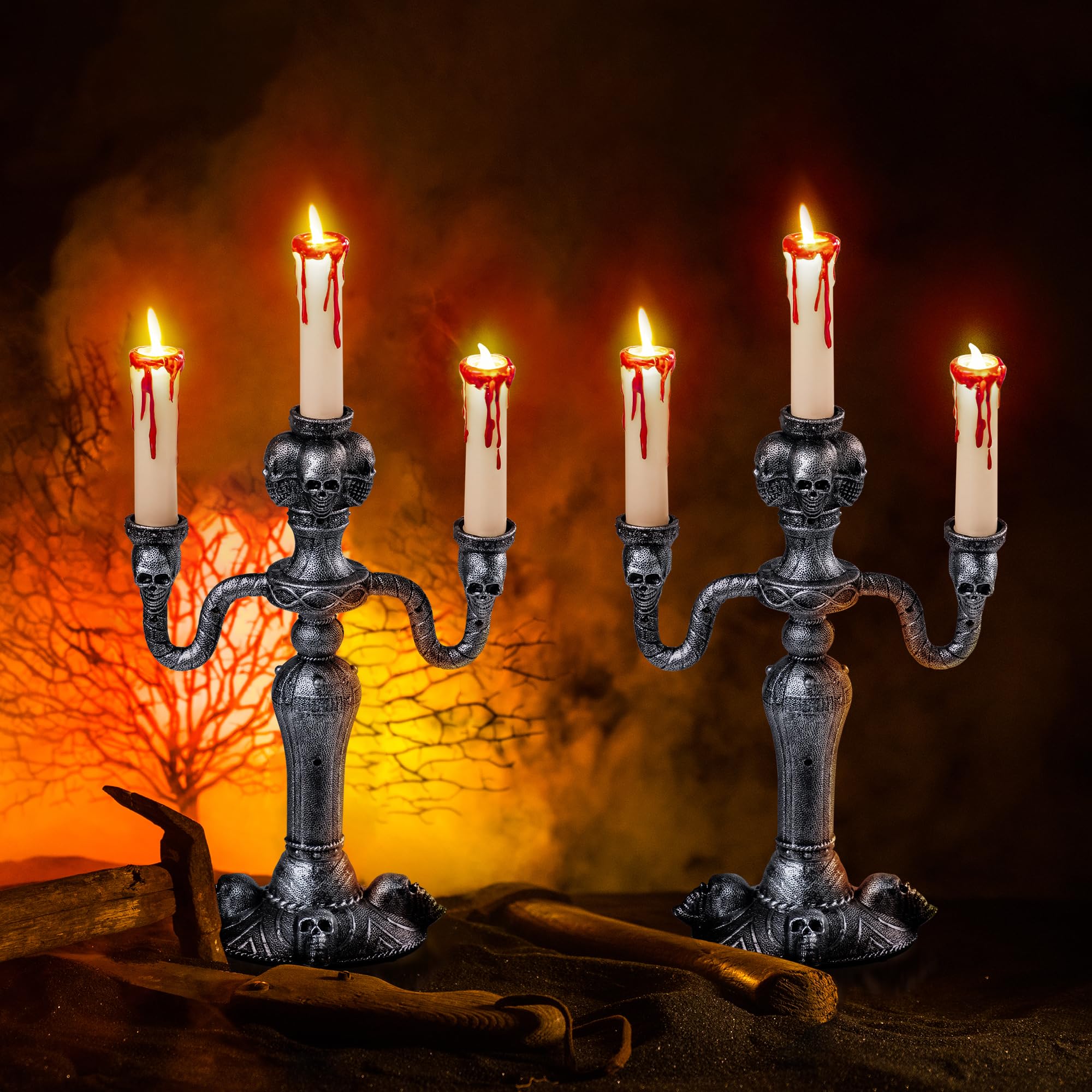 JOYIN 2 Pcs Light Up Haunted Candelabra Prop, LED Candles with 6-Hour ...