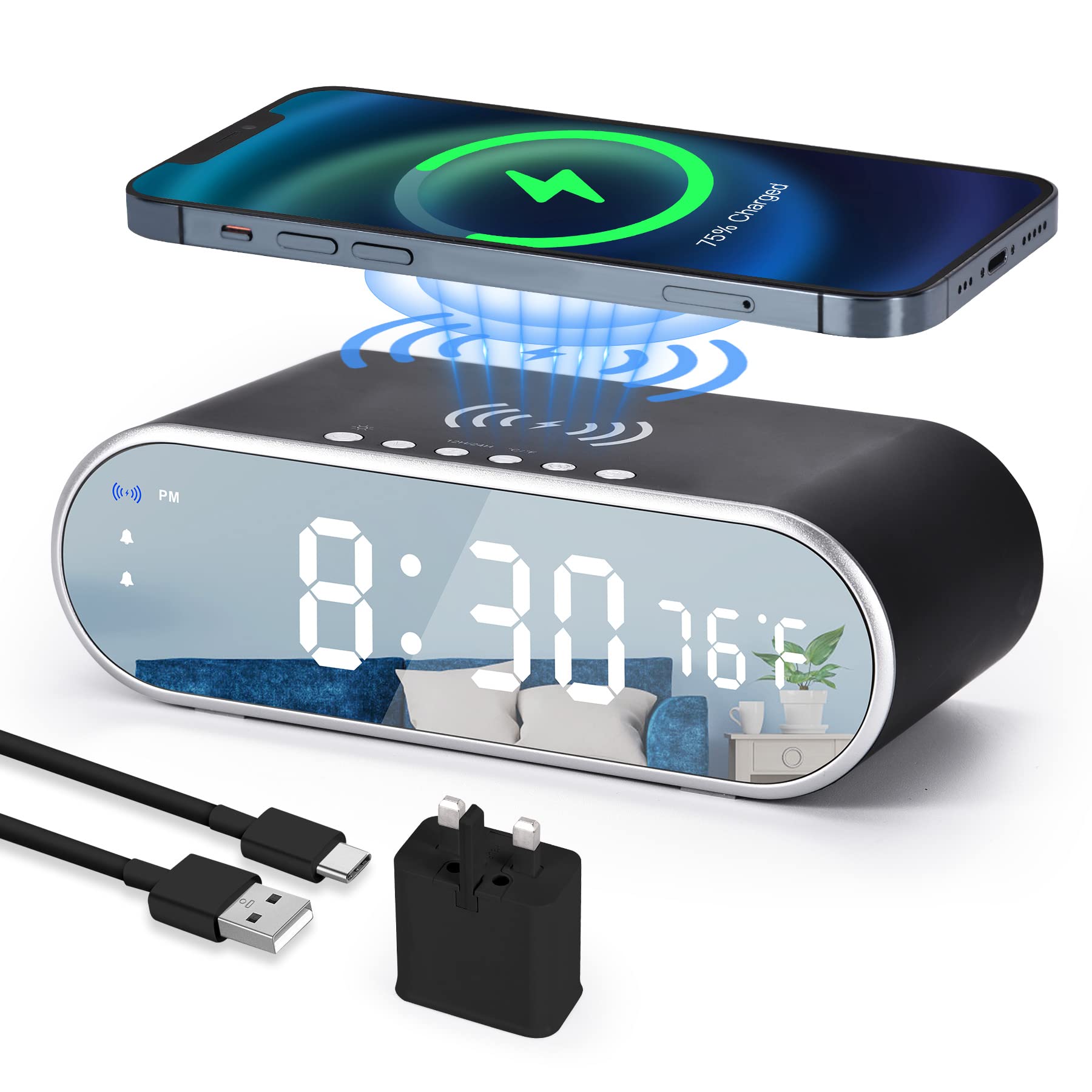 Alarm Clock with Wireless Charging, Alarm Clocks Bedside, Digital Alarm ...