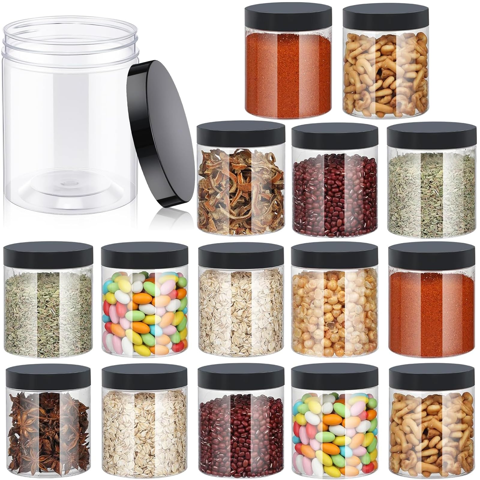 AKOLAFE 16 PCS Plastic Jars with Lids, 500ML Food Storage Jars, Clear ...