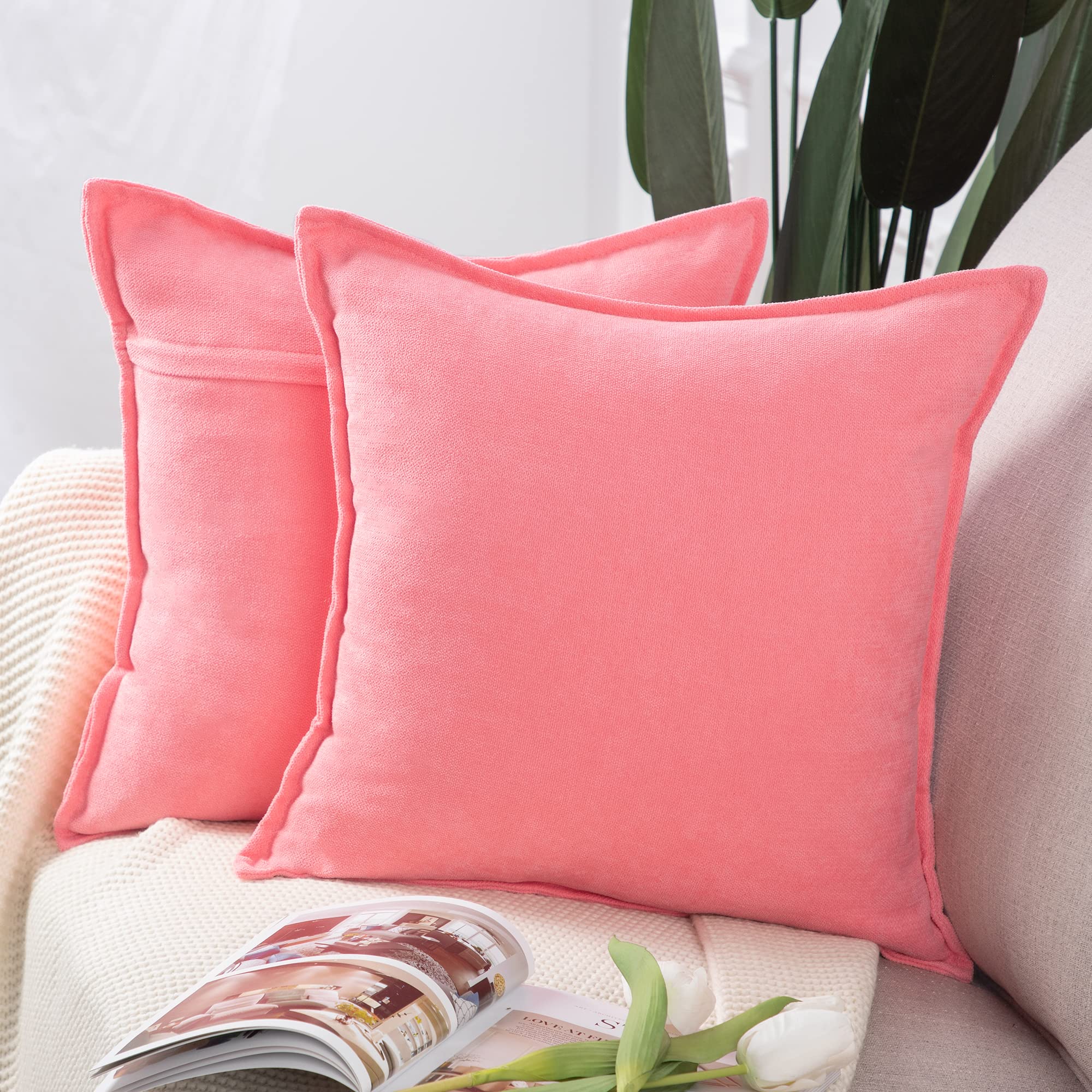 Madizz Set of 2 Short Chenille Throw Pillow Covers 26x26 Inch Pink Soft ...