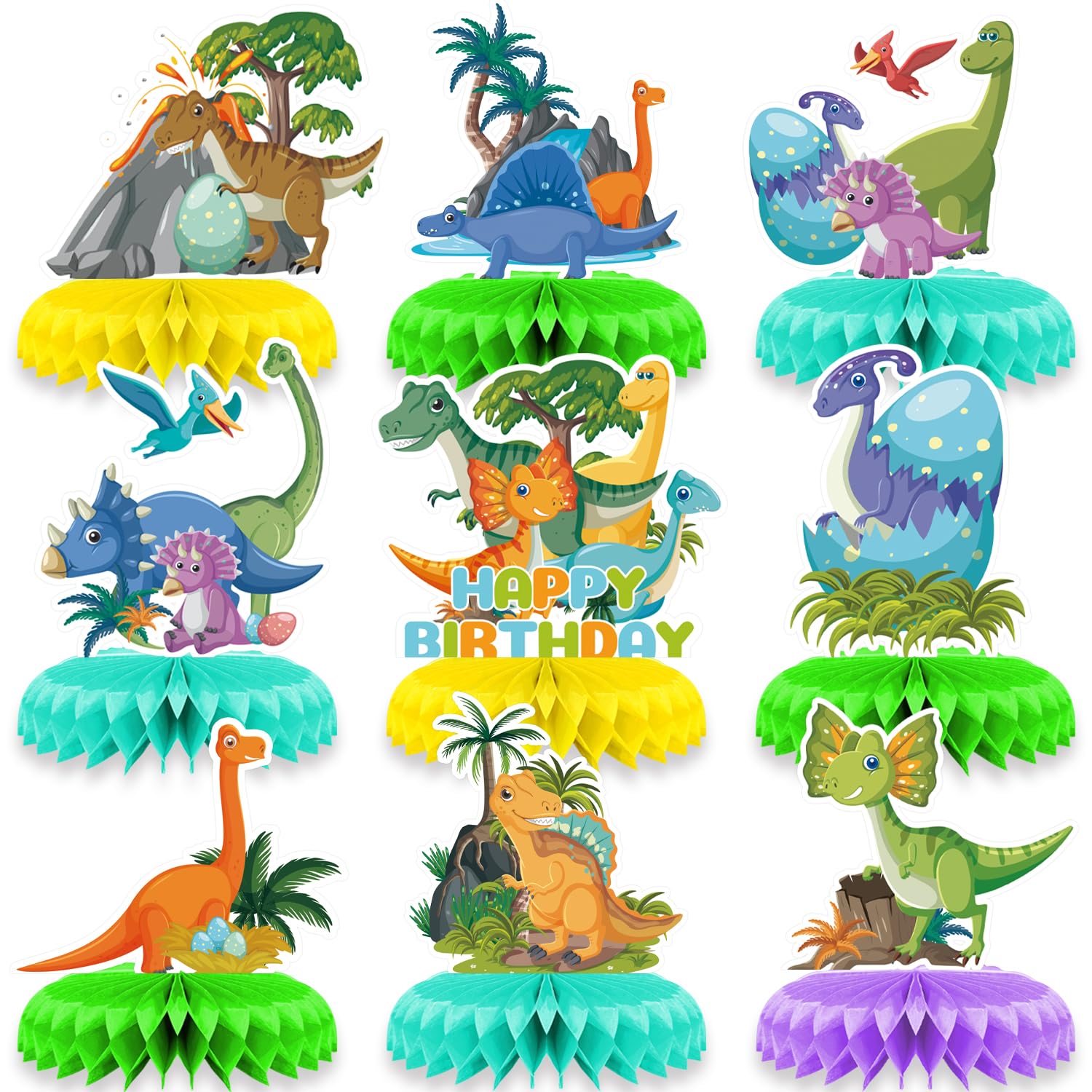 INRUI 9 Pieces Dinosaur Party Honeycomb Centrepieces Dinosaur Happy ...