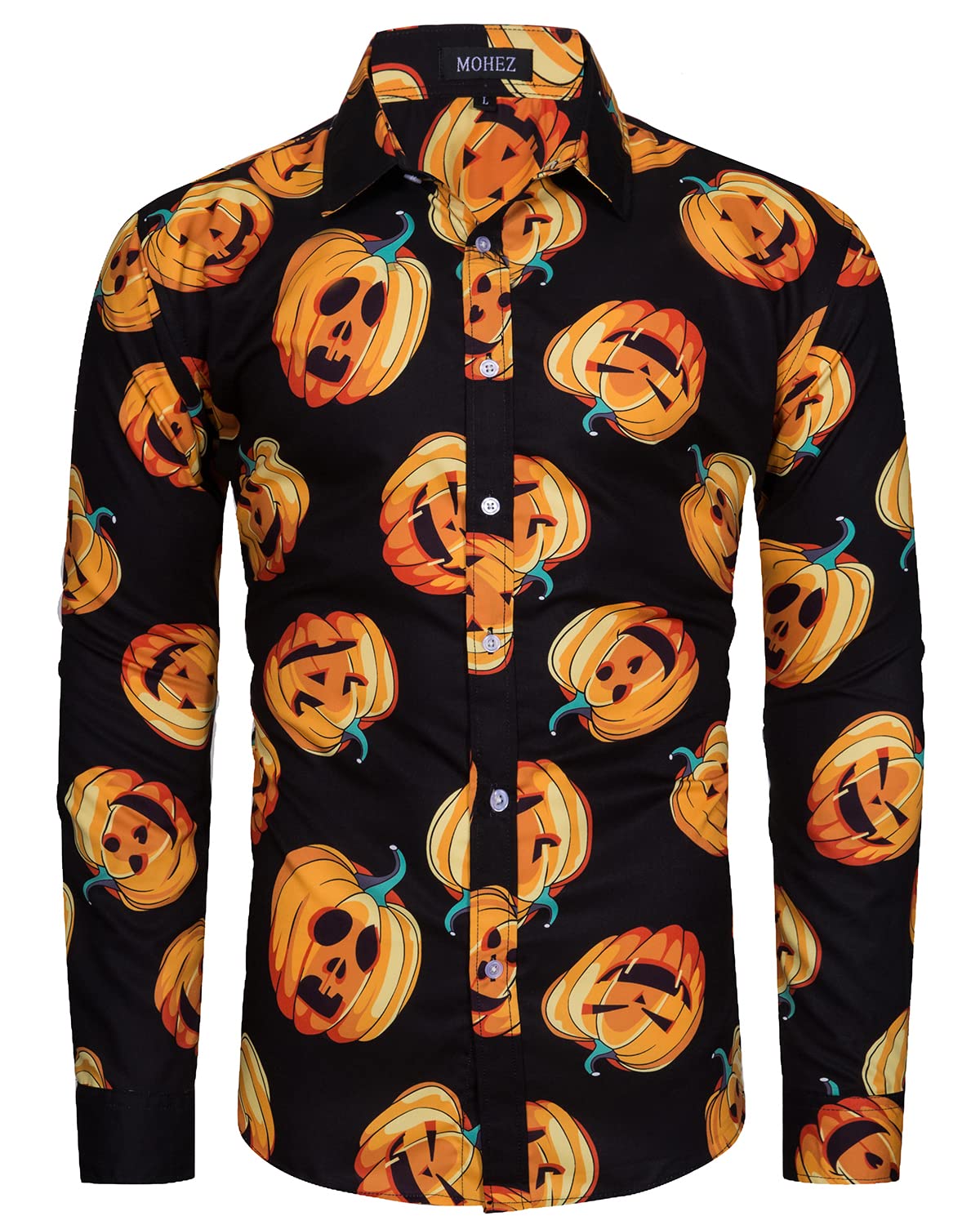 MOHEZ Mens Halloween Shirt Ugly Pumpkin Casual Long Sleeve Funny Button ...