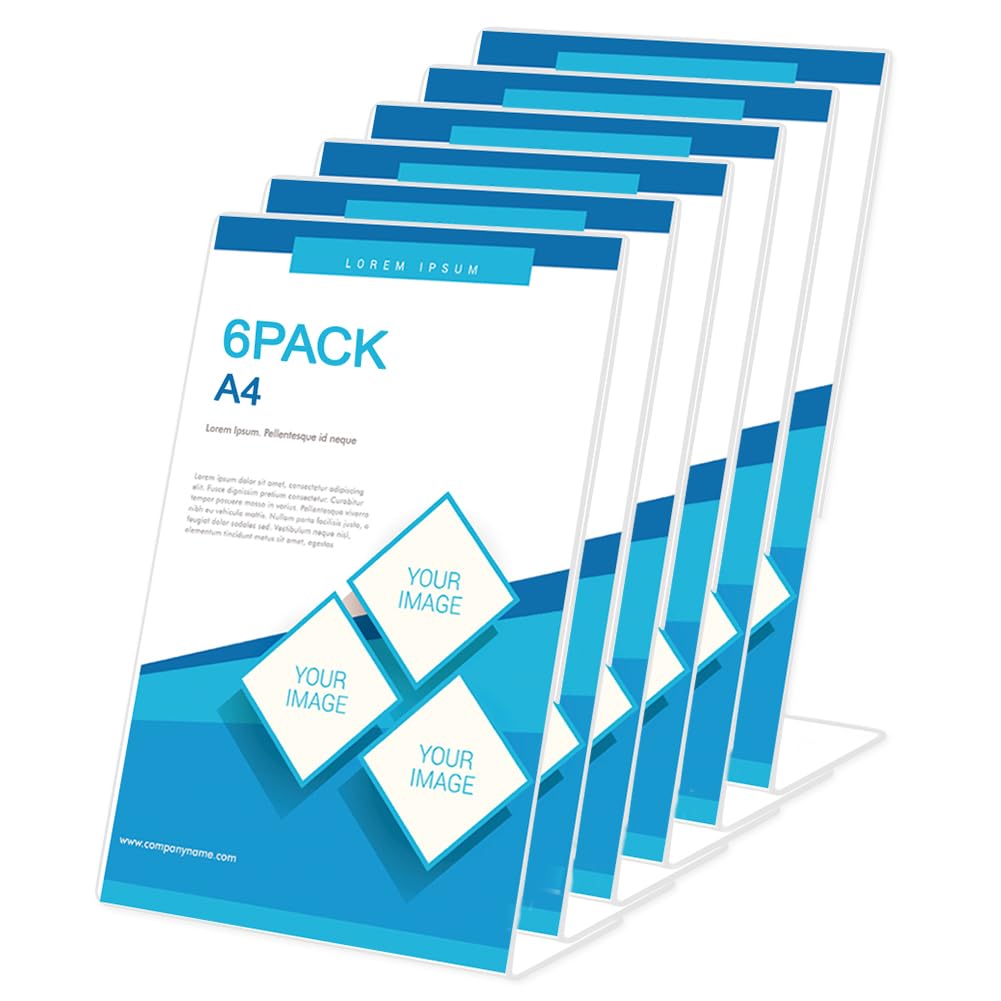 Basong A4 Display Stand, 6 Pack A4 Acrylic Sign Holder Clear L-Shape A4 ...