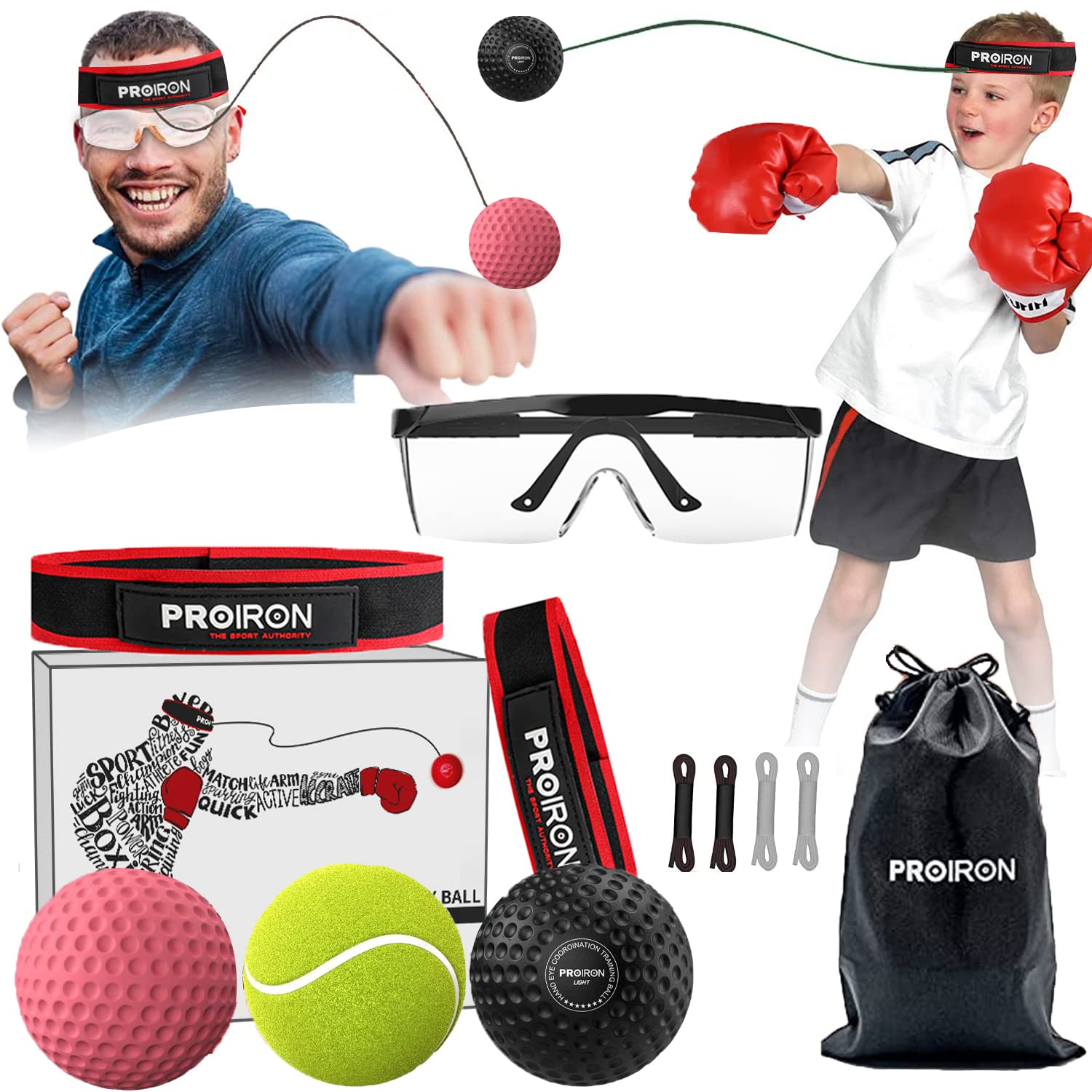 PROIRON Boxing Headband Ball with Safety Glasses, 3 Balls Reflex, 2 ...