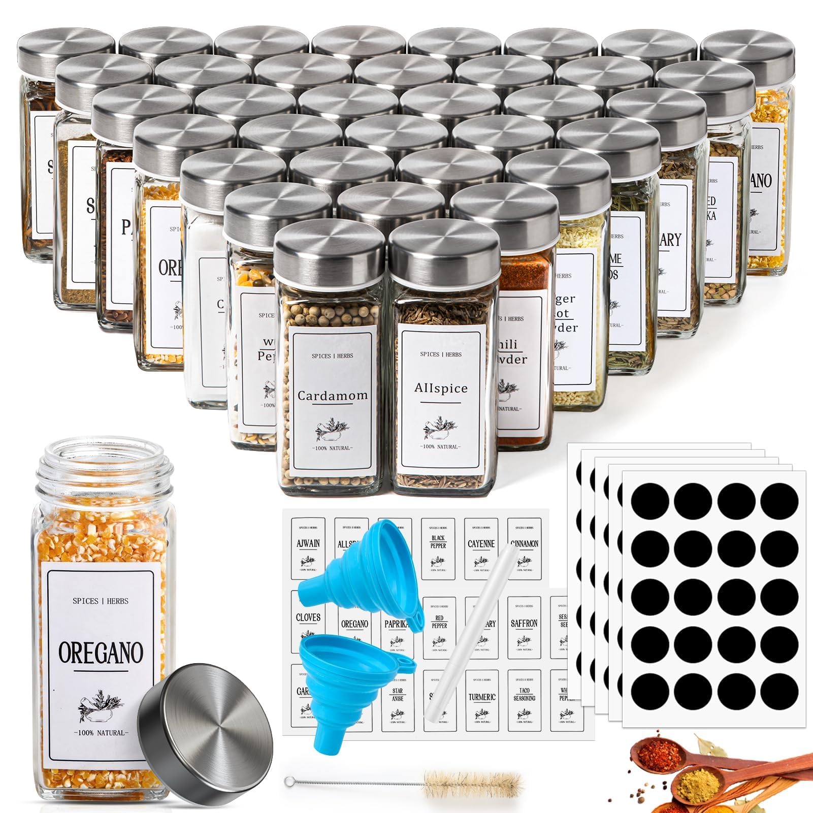 36 Pack Spice Jars with Square Stainless Steel Lids, 120ml Kitchen ...