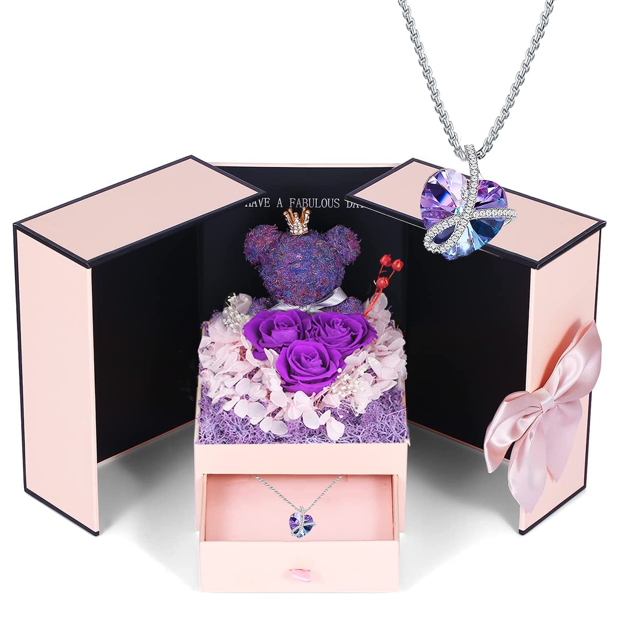Preserved Purple Rose Moss Bear with Purple heart crystal necklace ...