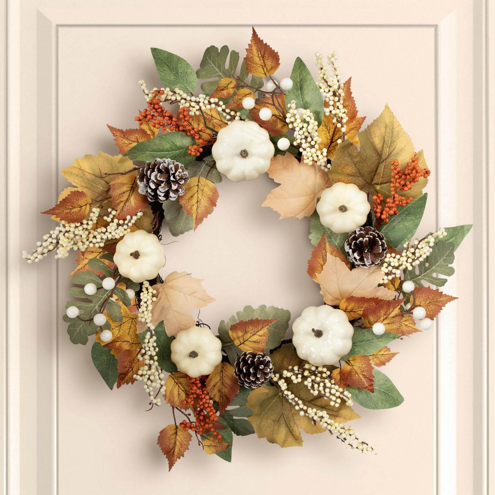 Benjia Fall Wreaths Front Door Decor, White Autumn Pumpkin Pinecone ...