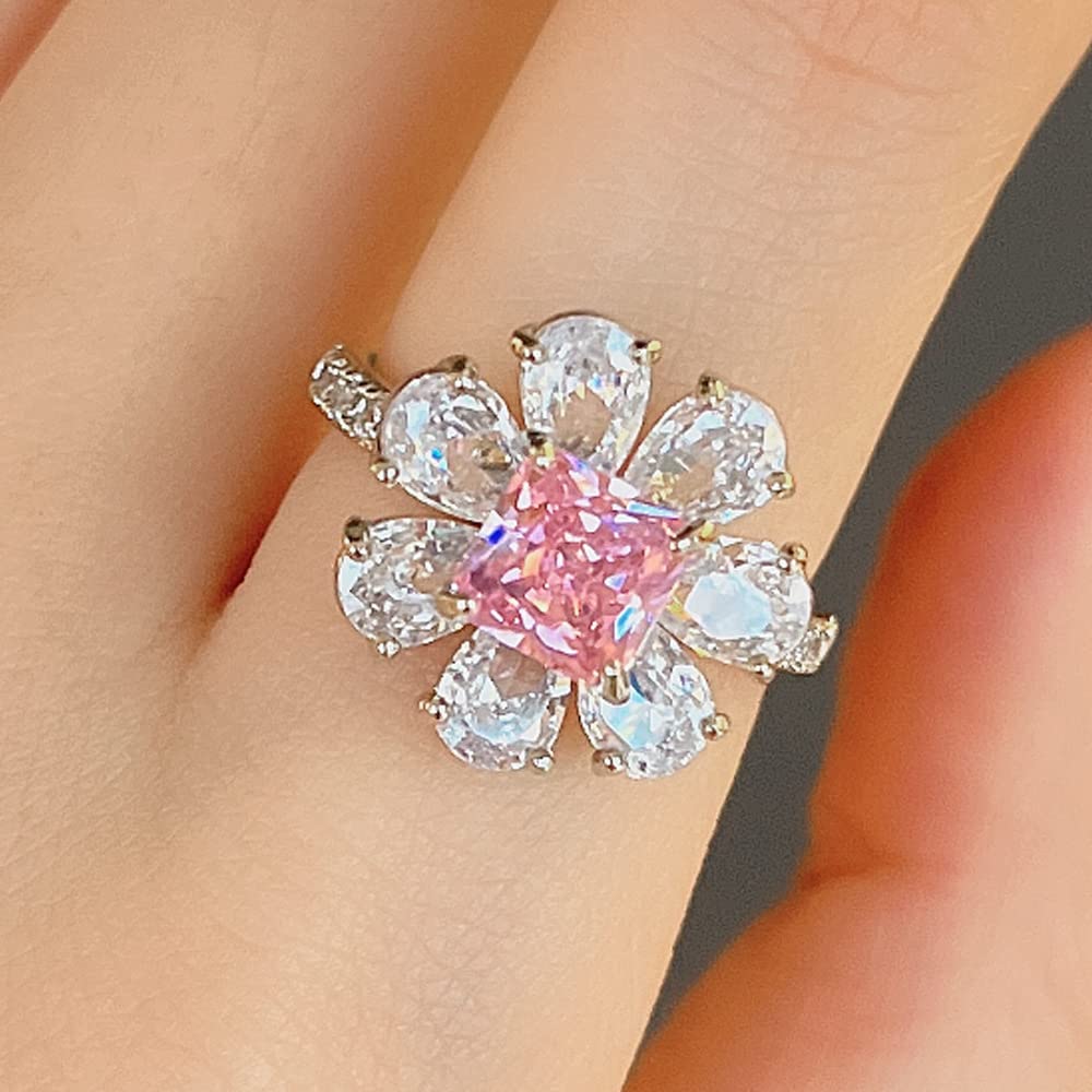 925 Sterling Silver Romantic Flower Zircon Ring Fashion Pink Diamond ...