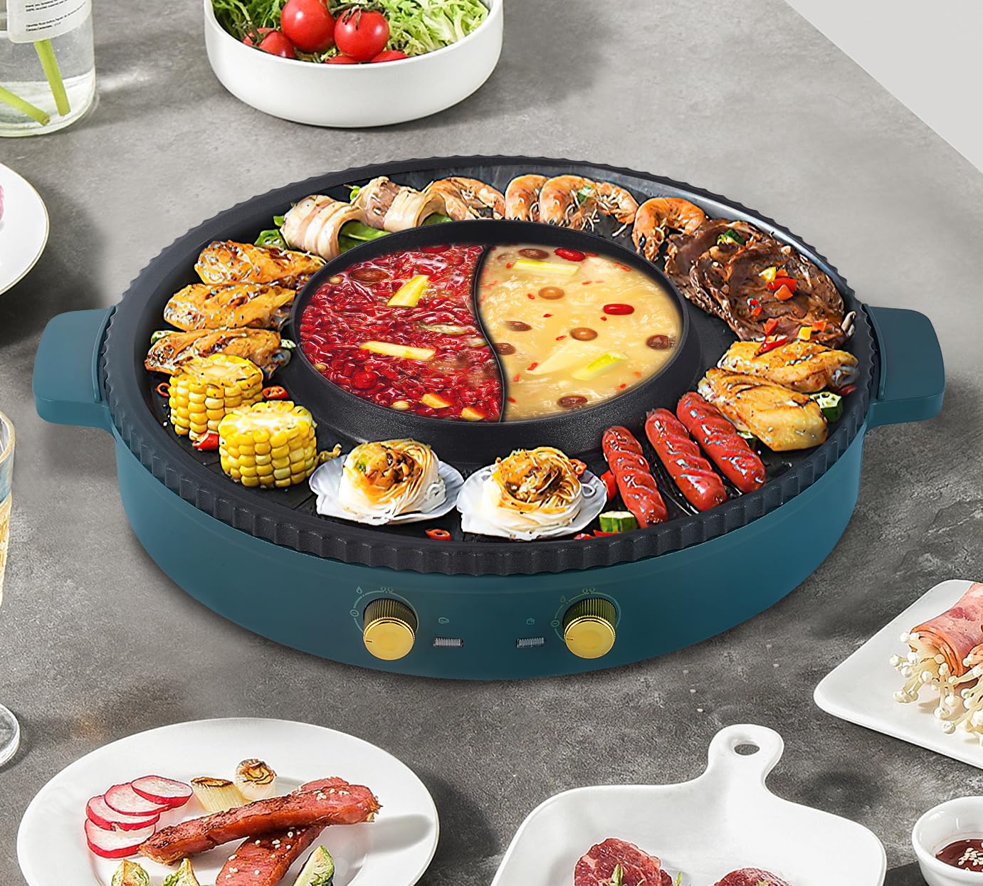 Hot Pot Grill 2-IN-1 Electric Grill with Hot Pot 42cm Korean BBQ Grill ...