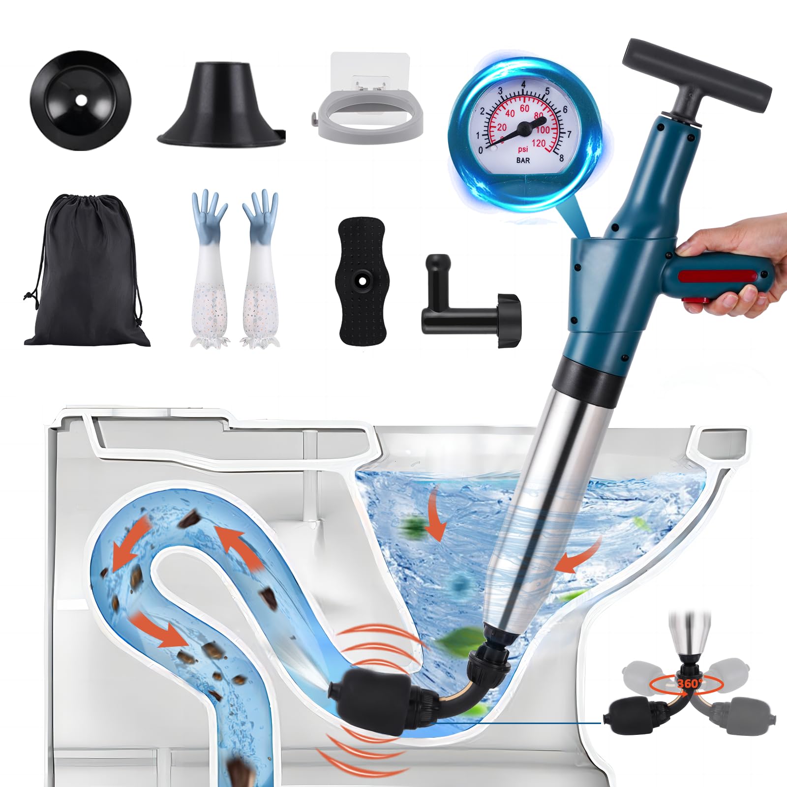 YUCHENGTECH Toilet Unblocker Heavy Duty with 360°Unclogging Head and A ...